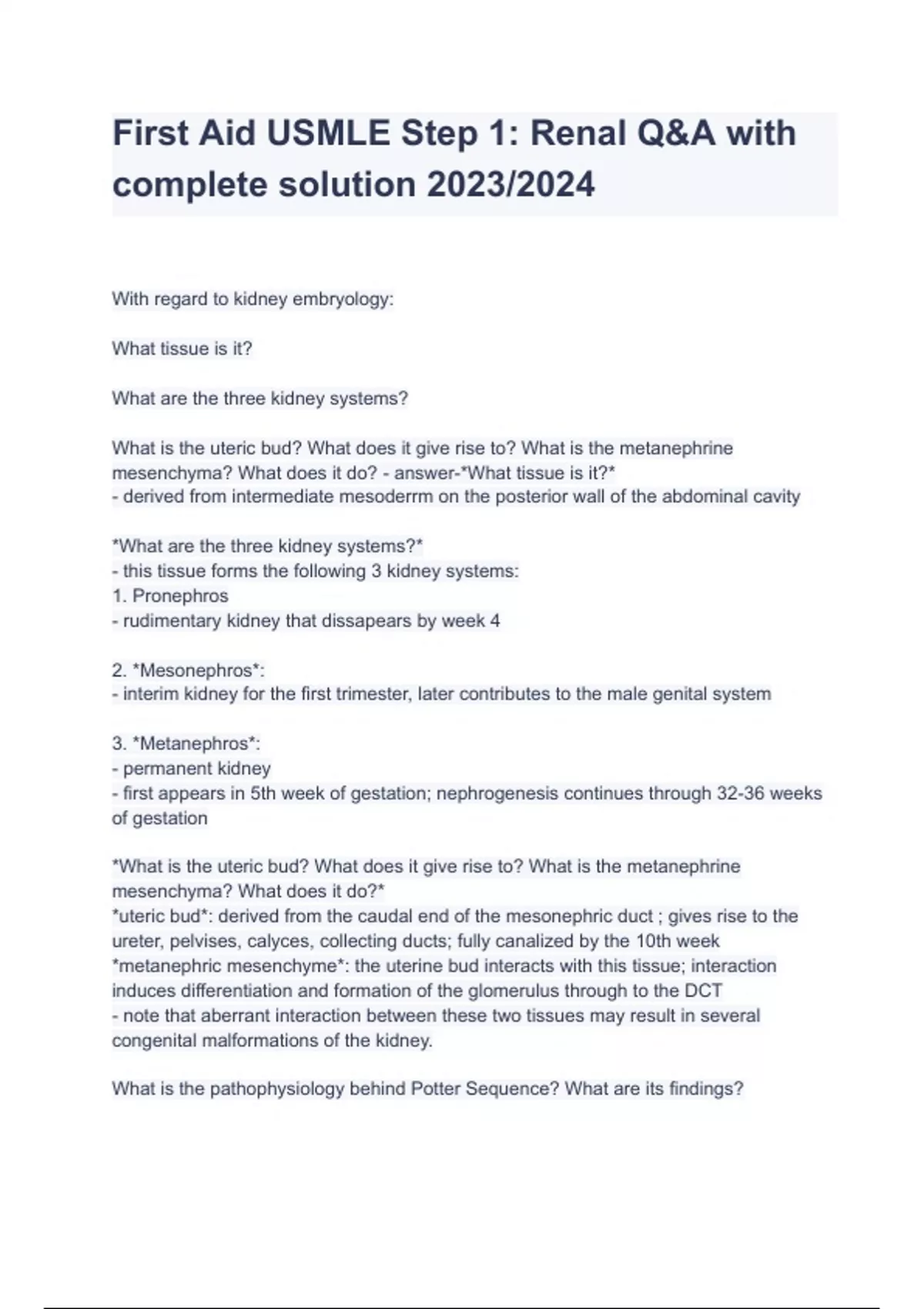 First Aid USMLE Step 1: Renal Q&A with complete solution 2023/2024 - First Aid USMLE Step 1 ...