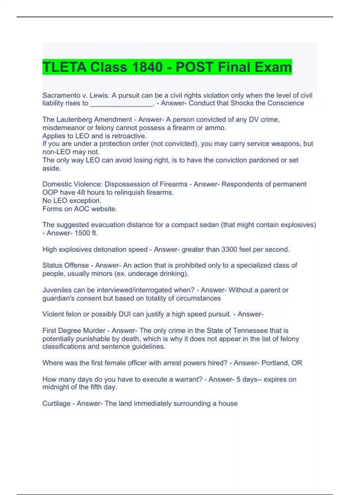 TLETA Class 1840 - POST Final Exam Questions and Answers - TLETA ...