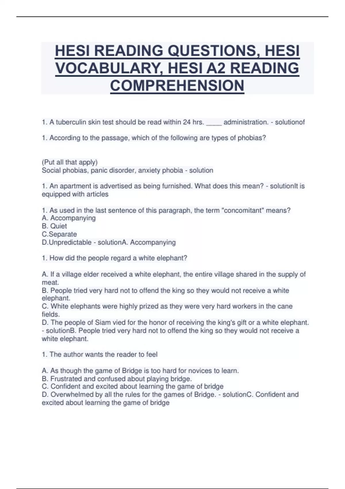 HESI READING QUESTIONS, HESI VOCABULARY, HESI A2 READING COMPREHENSION ...