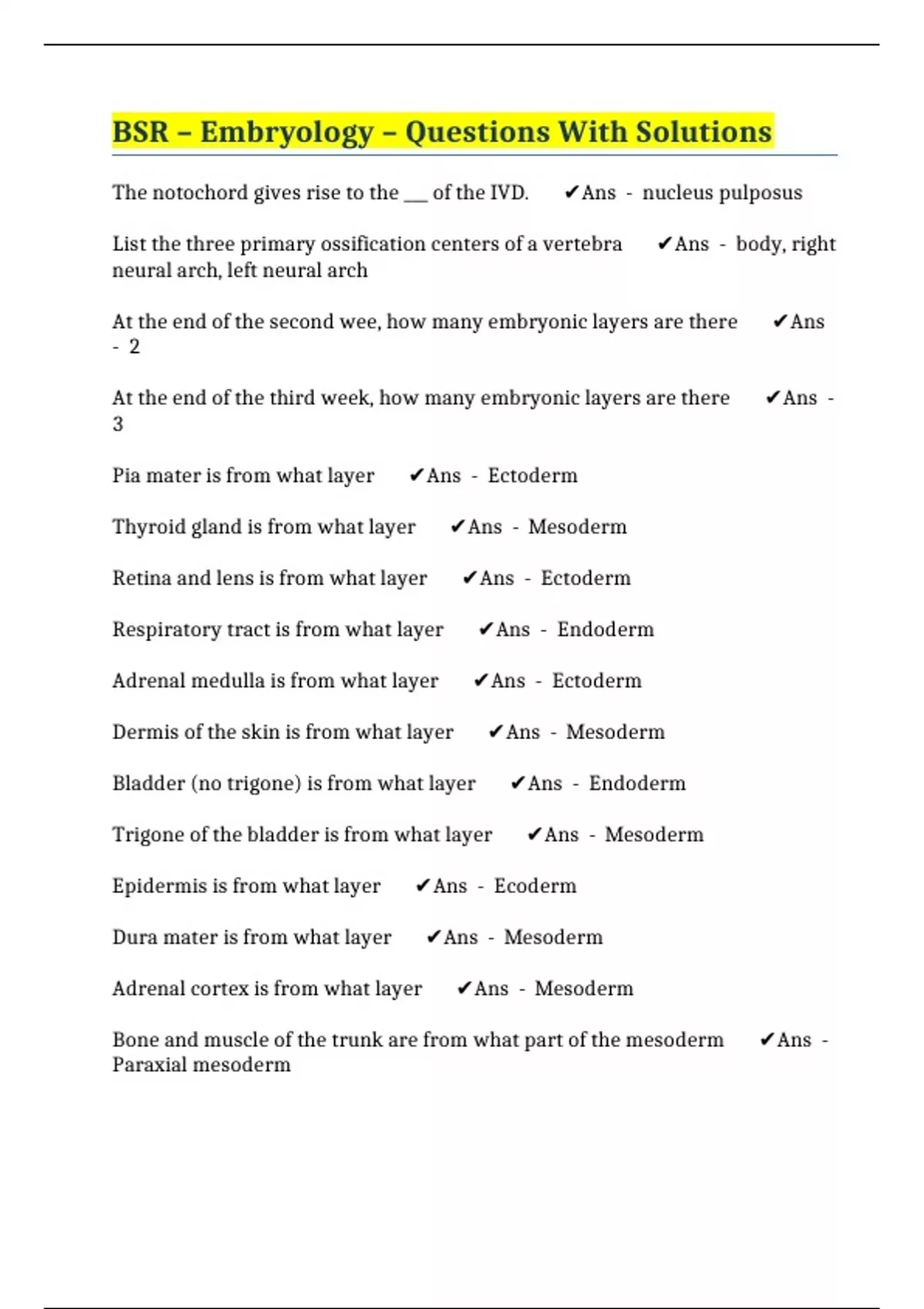 BSR – Embryology – Questions With Solutions - BSR Q6 - Stuvia US