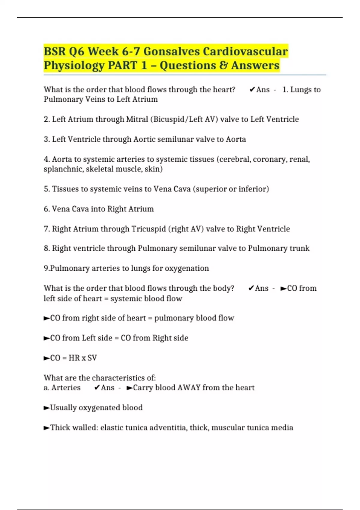 BSR Q6 Week 6-7 Gonsalves Cardiovascular Physiology PART 1 – Questions & Answers - BSR Q6 ...