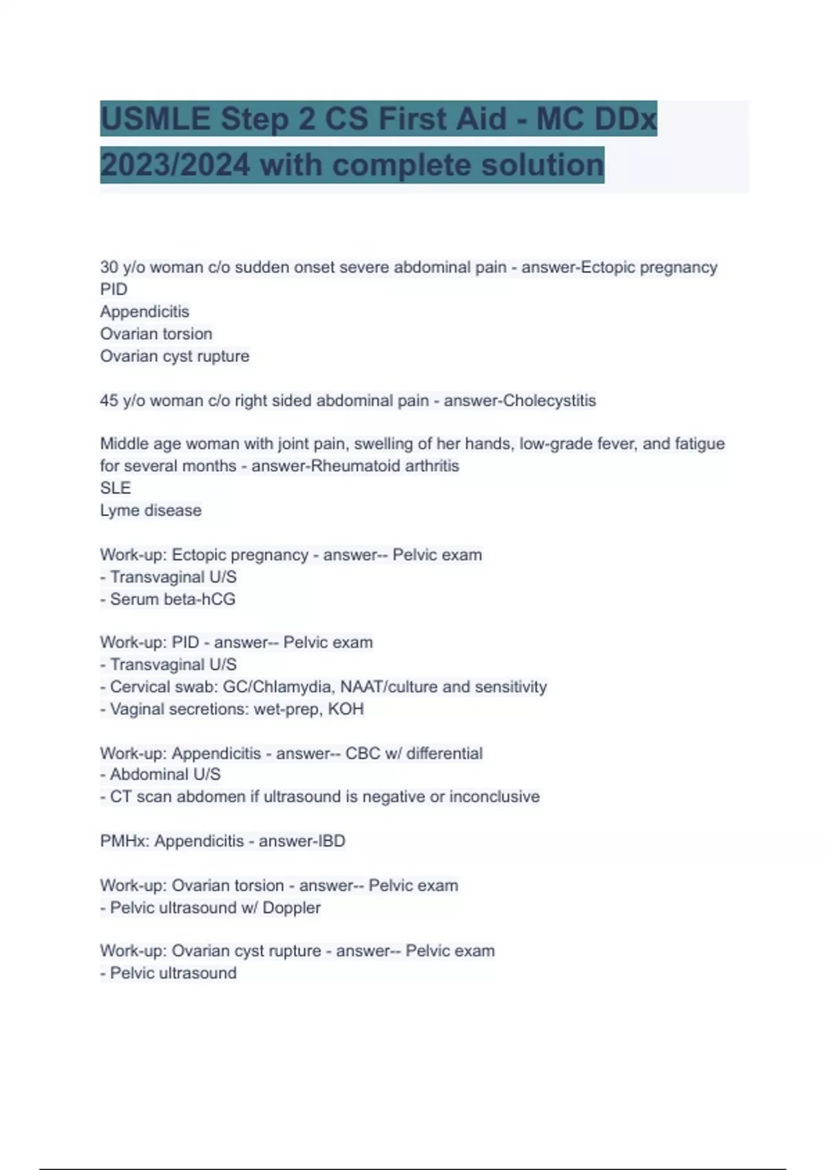 USMLE Step 2 CS First Aid - MC DDx 2023/2024 with complete solution - USMLE Step 2 CS First Aid ...