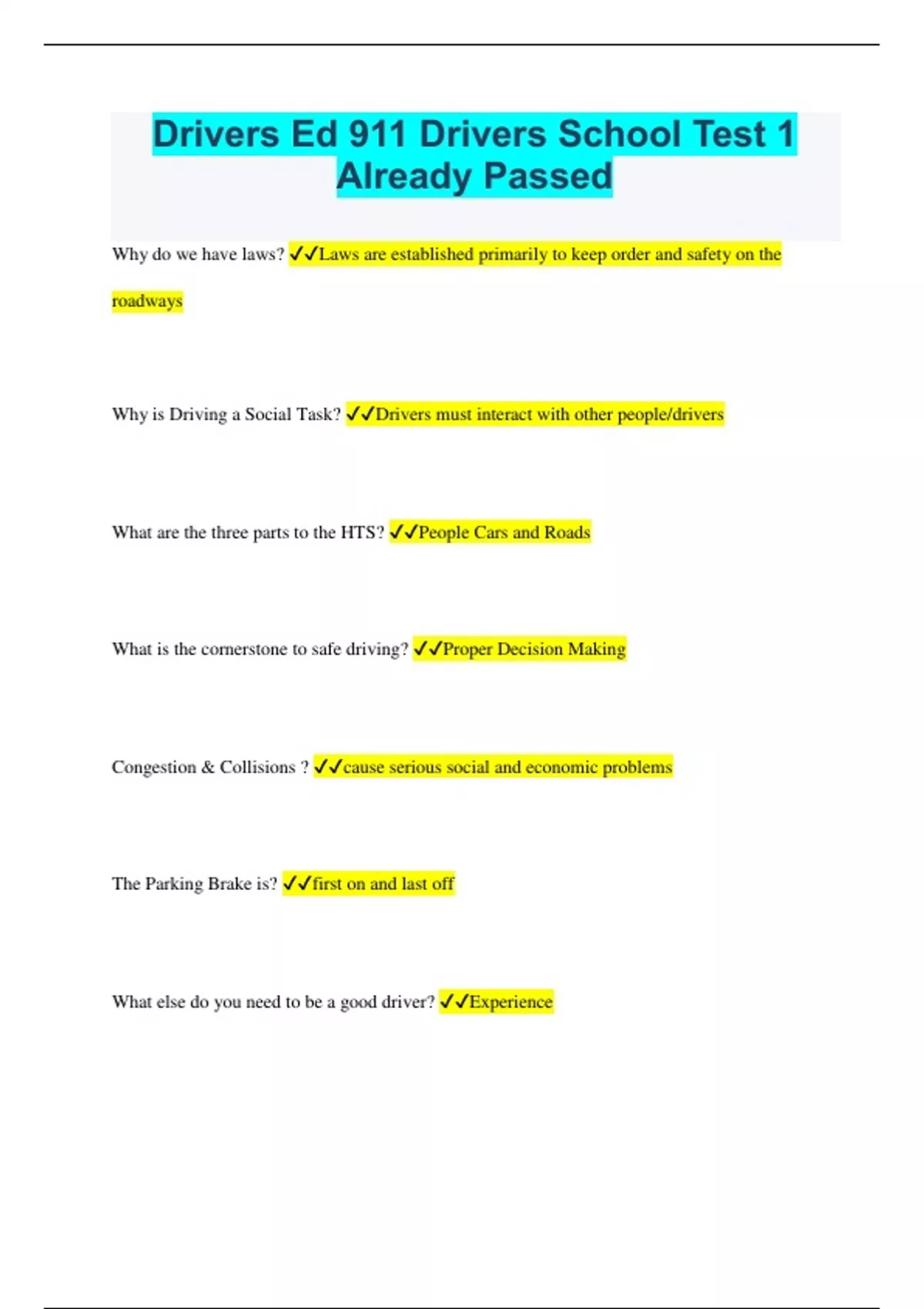 Drivers Ed 911 Drivers School Test 1 Already Passed - Drivers Ed 911 ...