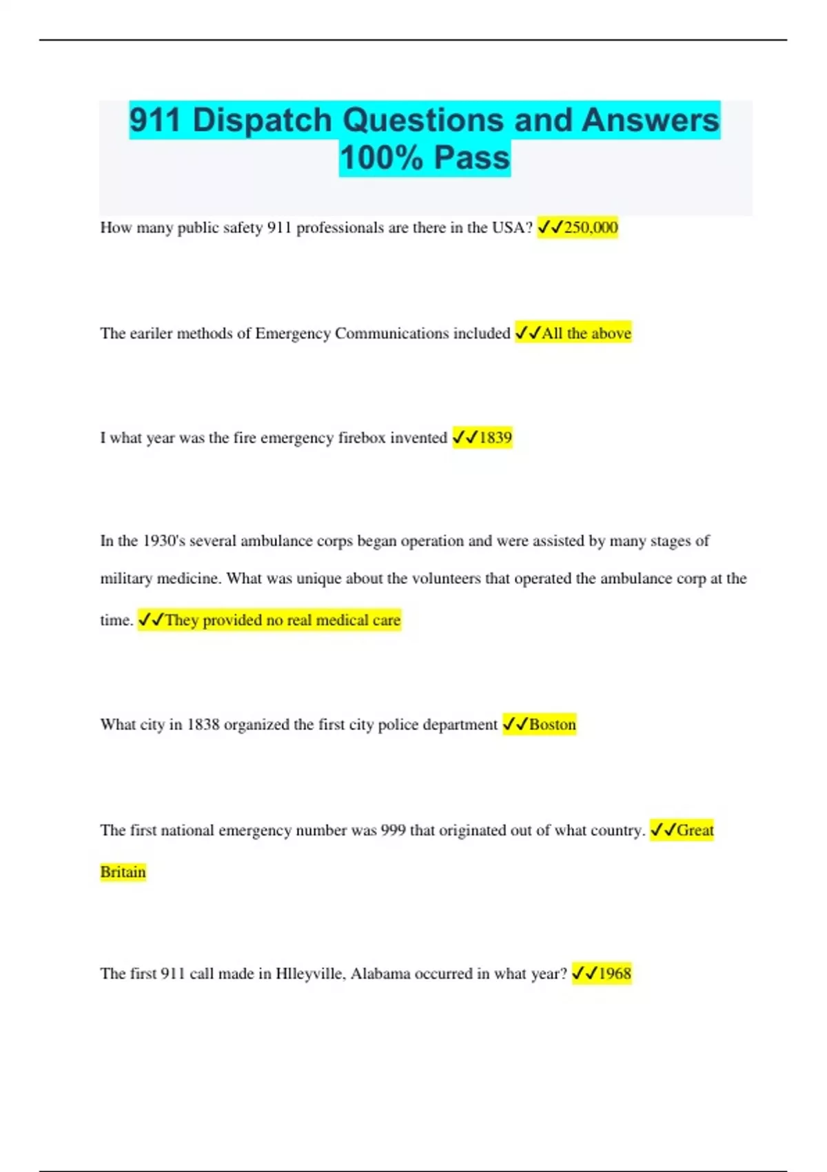 911 Dispatch Questions and Answers 100% Pass - 911 Dispatch - Stuvia US