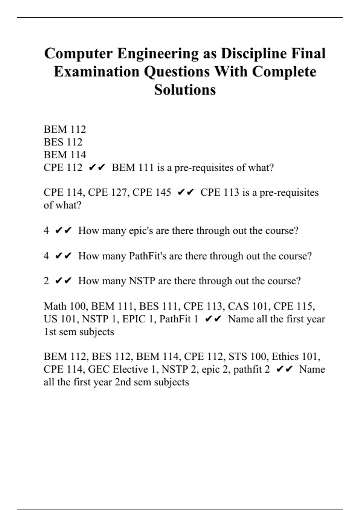 Computer Engineering as Discipline Final Examination Questions With ...