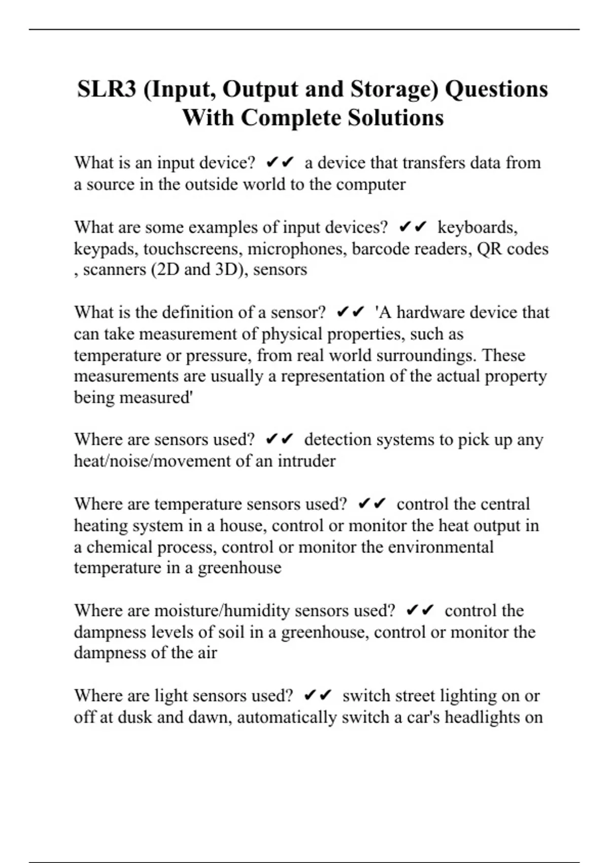 SLR3 (Input, Output and Storage) Questions With Complete Solutions - SLR3 - Stuvia US