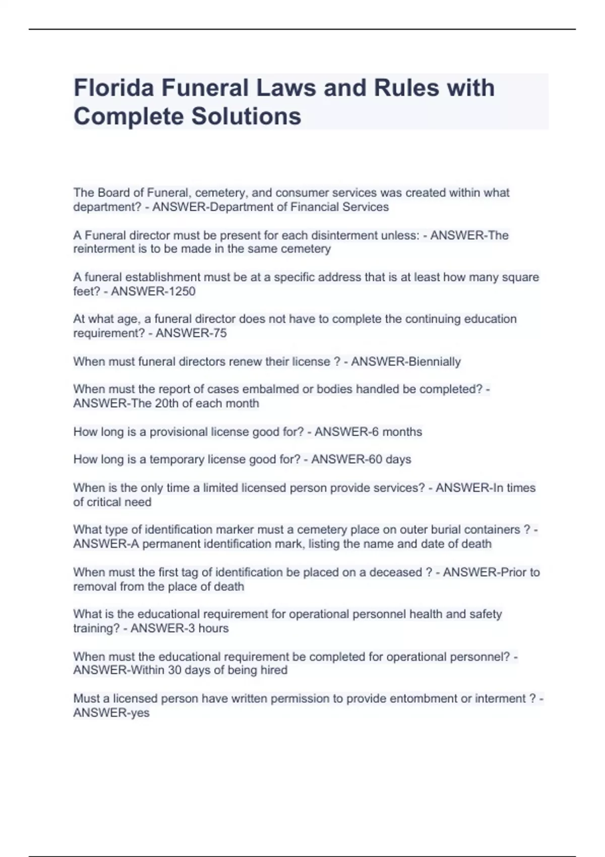 Florida Funeral Laws and Rules with Complete Solutions - Florida ...