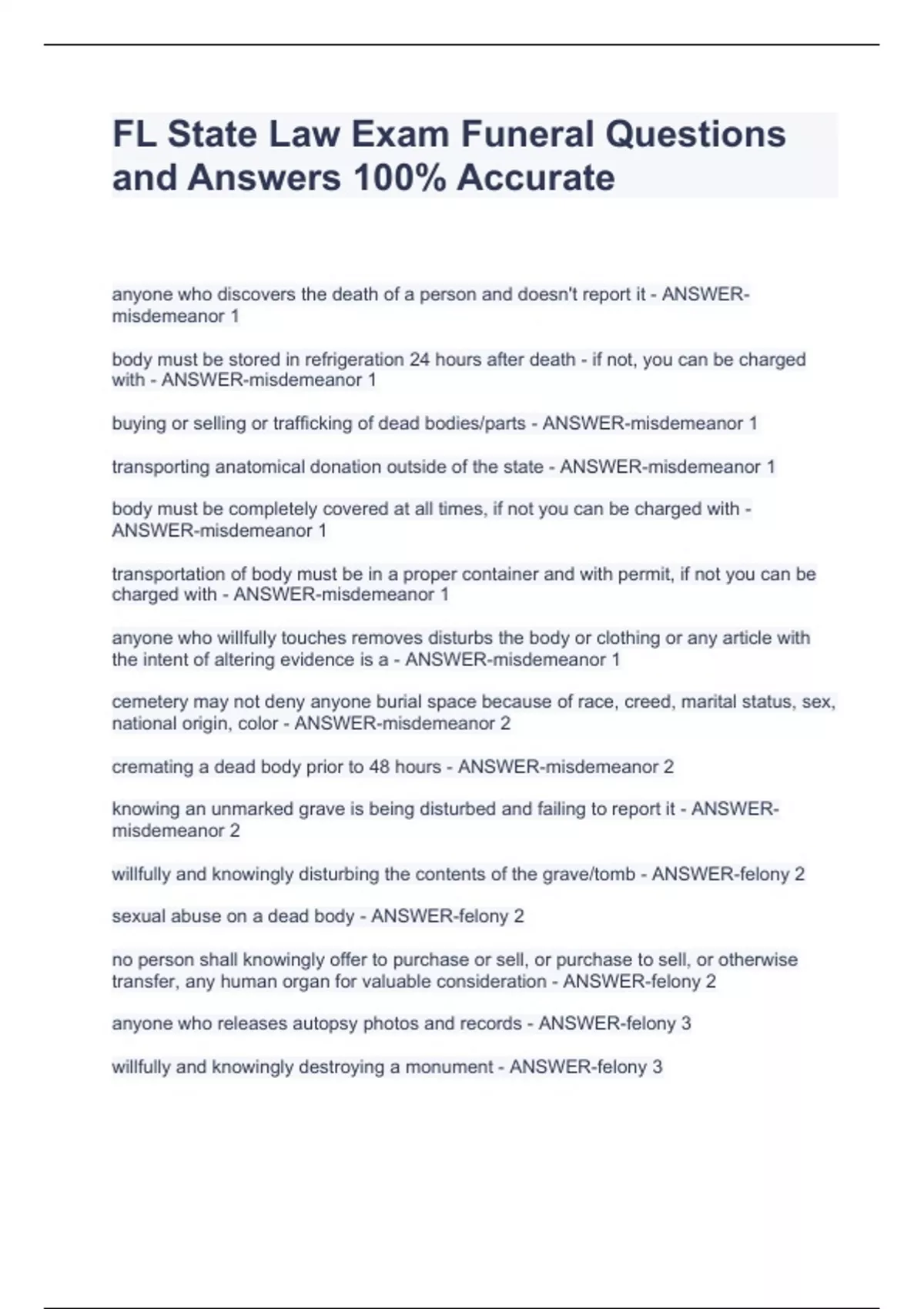 FL State Law Exam Funeral Questions and Answers 100% Accurate - FL ...