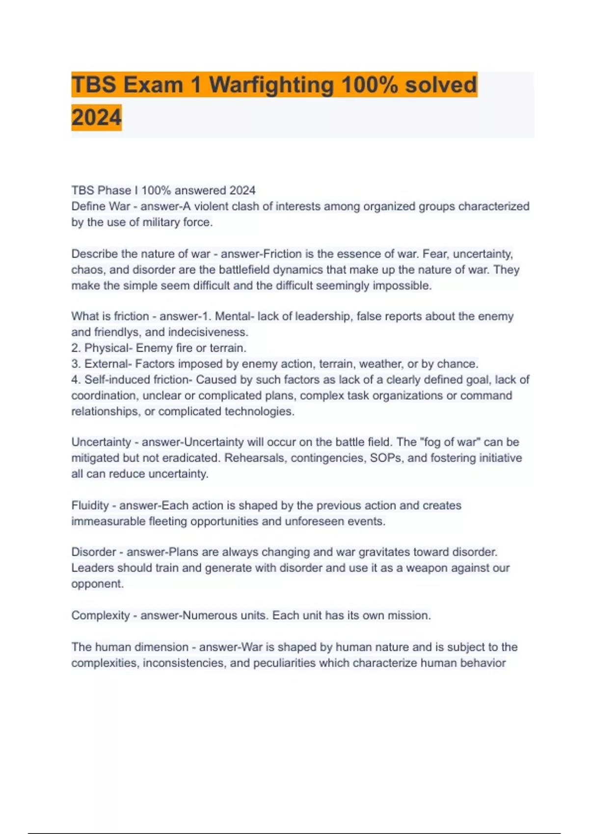 TBS Exam 1 Warfighting 100% solved 2024 - TBS Exm 1 Warfighting 100% ...