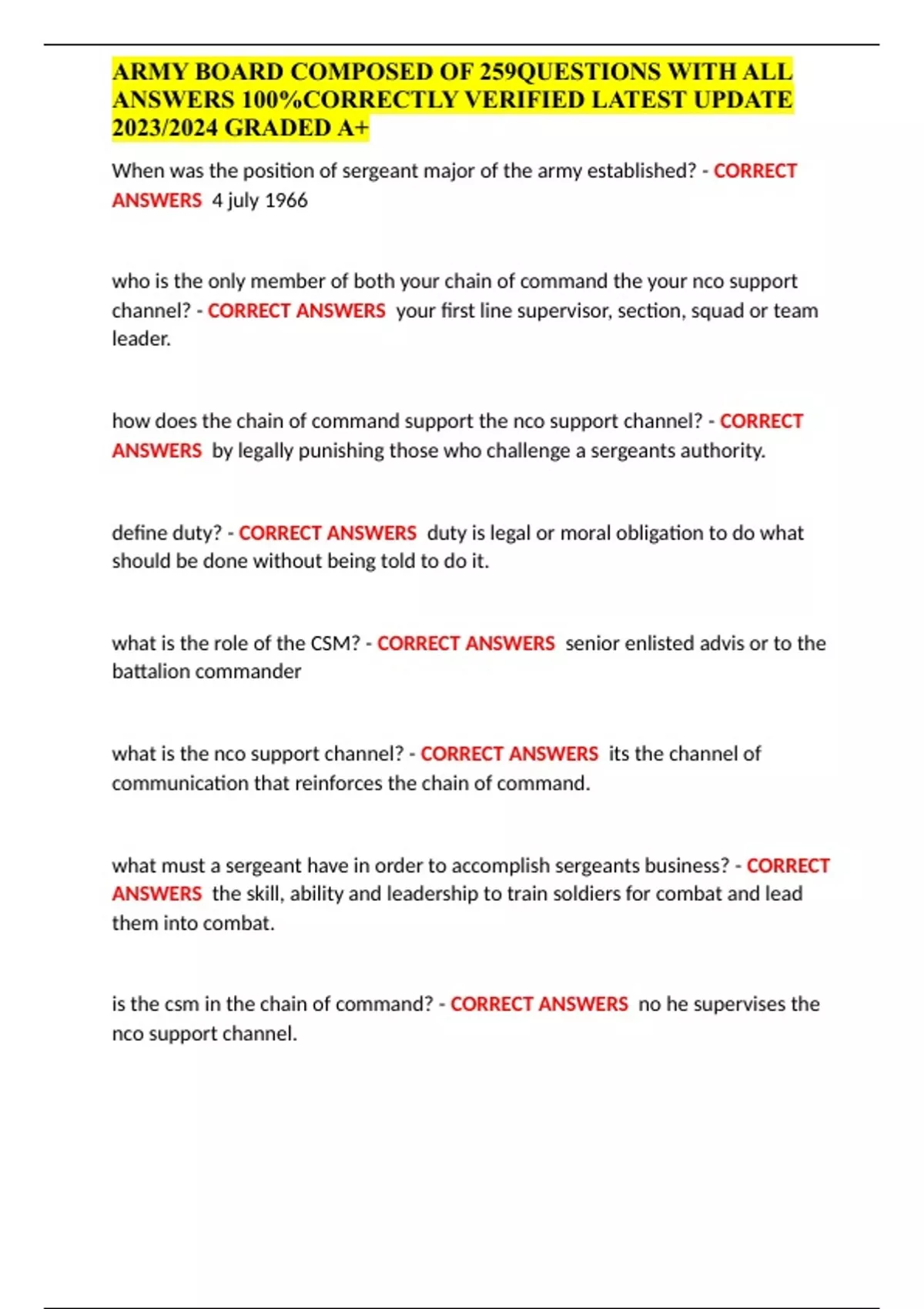 ARMY BOARD COMPOSED OF 259QUESTIONS WITH ALL ANSWERS 100%CORRECTLY ...