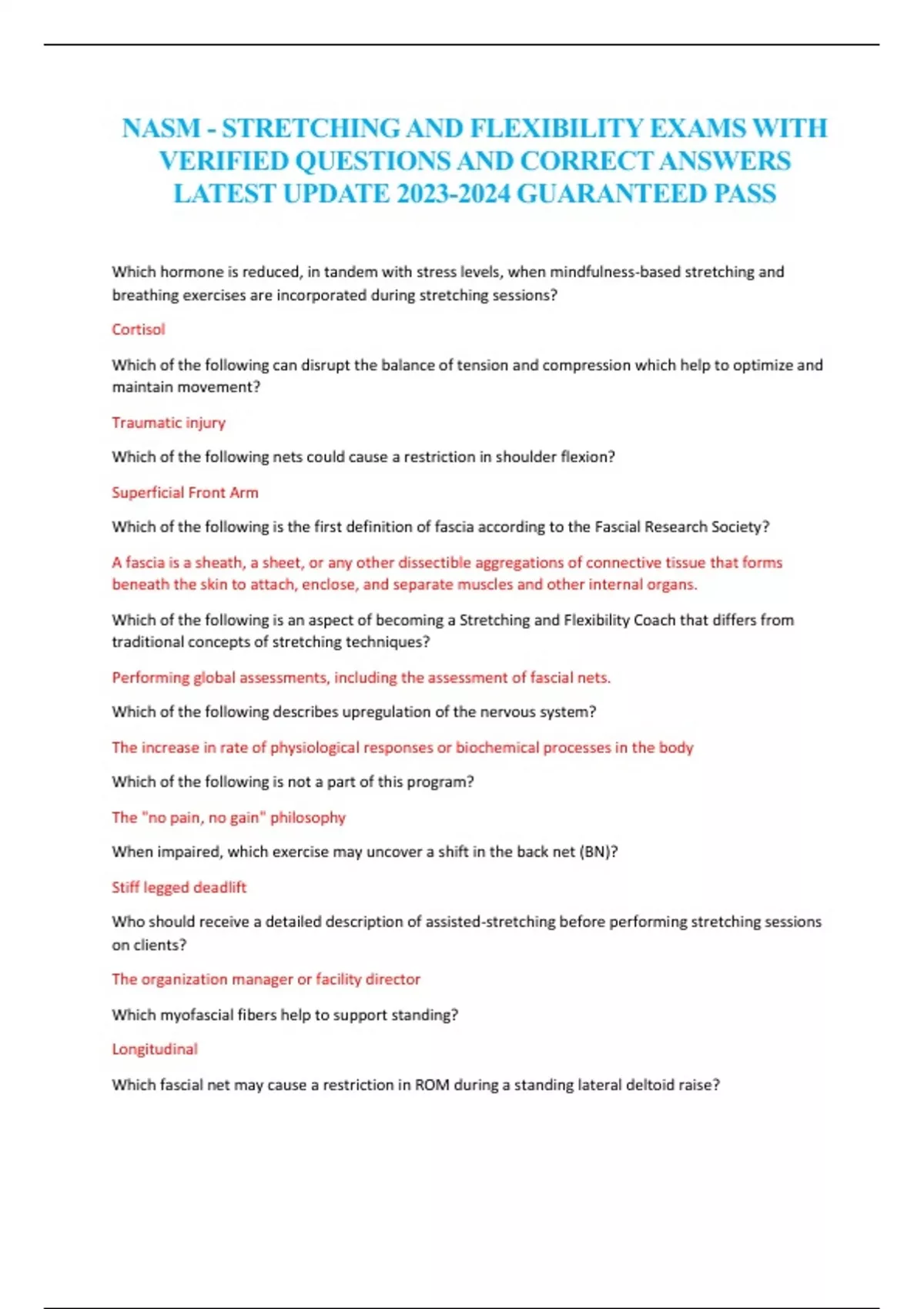 NASM - STRETCHING AND FLEXIBILITY EXAMS WITH VERIFIED QUESTIONS AND ...