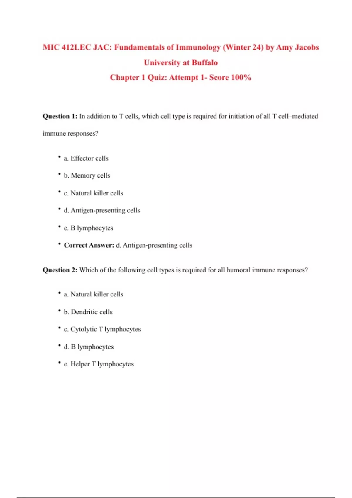 MIC 412LEC JAC: Fundamentals of Immunology (Winter 24) by Amy Jacobs University at Buffalo ...