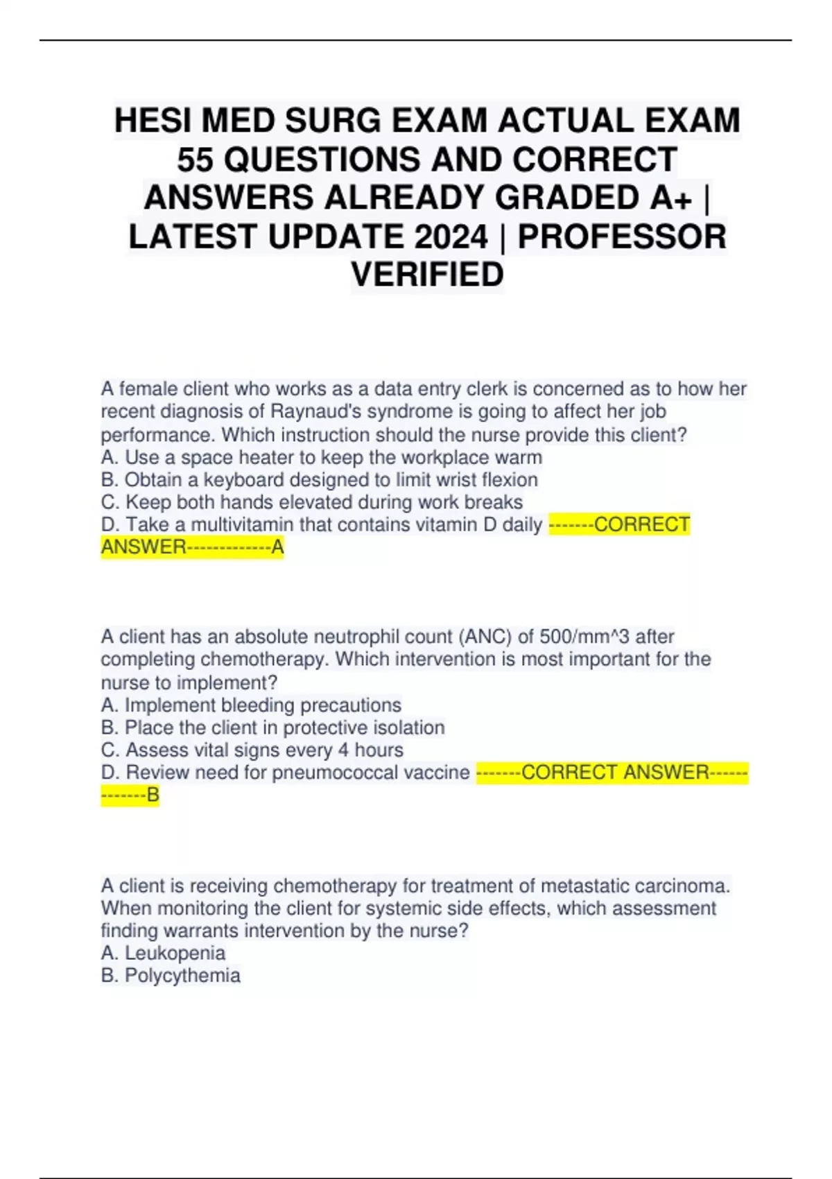 HESI MED SURG EXAM ACTUAL EXAM 55 QUESTIONS AND CORRECT ANSWERS ALREADY ...