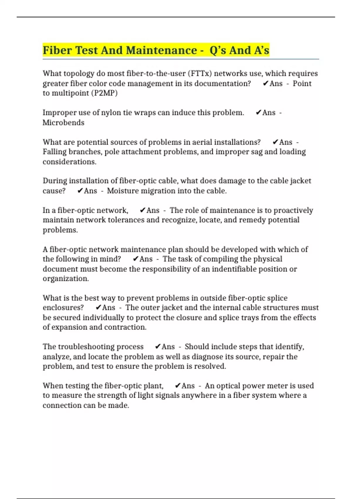 Fiber Test And Maintenance - Q’s And A’s - FOA Certification - Stuvia US