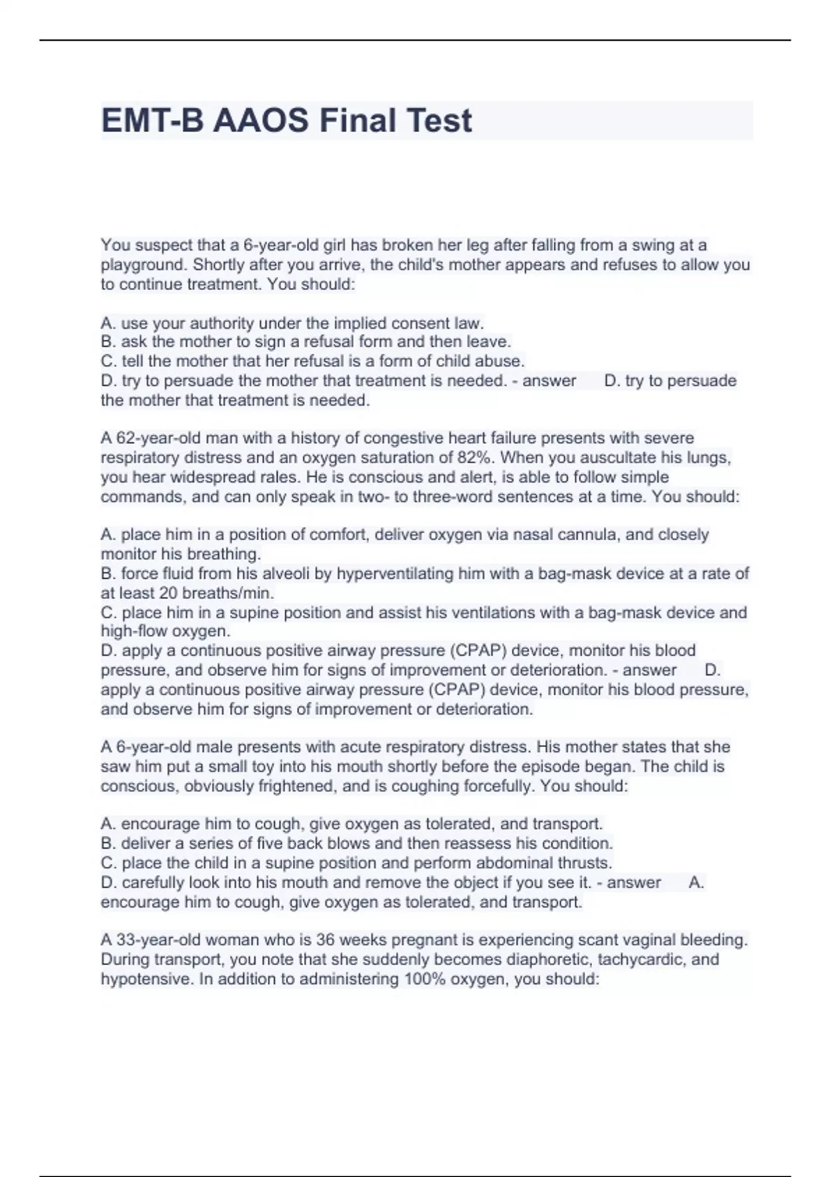 EMT-B AAOS Final Test Questions and Answers 2023 - AAOS EMT - Stuvia US