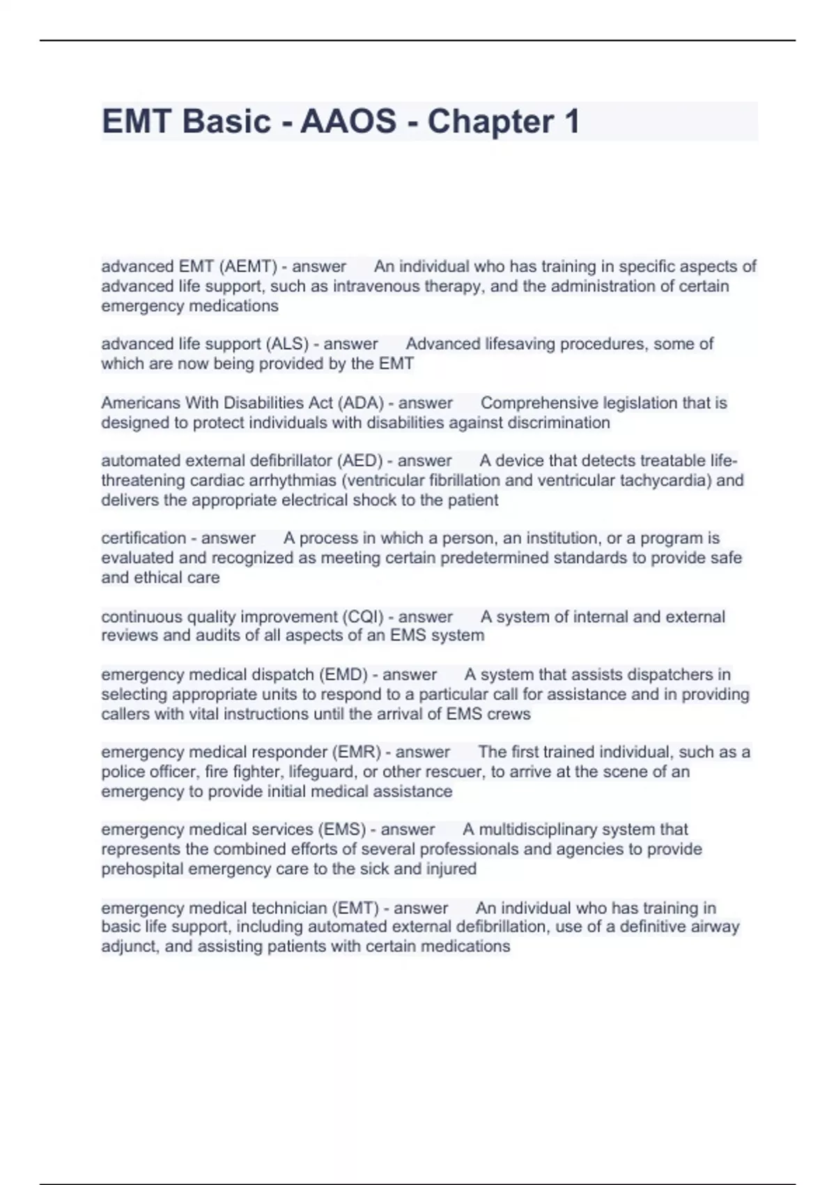 EMT Basic - AAOS - Chapter 1 Questions with correct Answers 2023 - AAOS ...