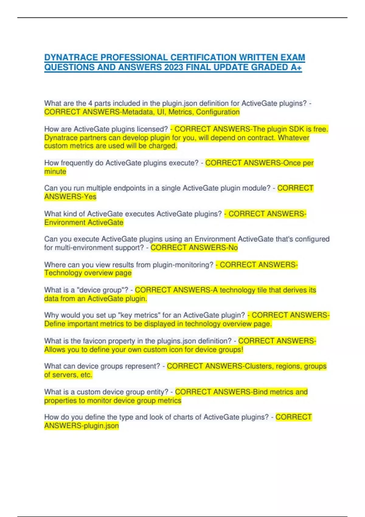 DYNATRACE PROFESSIONAL CERTIFICATION WRITTEN EXAM QUESTIONS AND ANSWERS ...