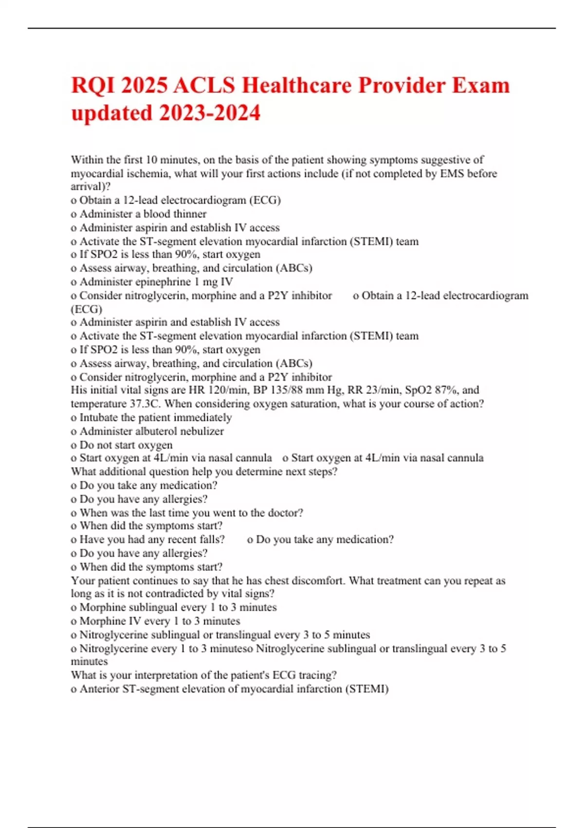 RQI 2025 ACLS Healthcare Provider Exam updated - RQI 2025 ACLS ...