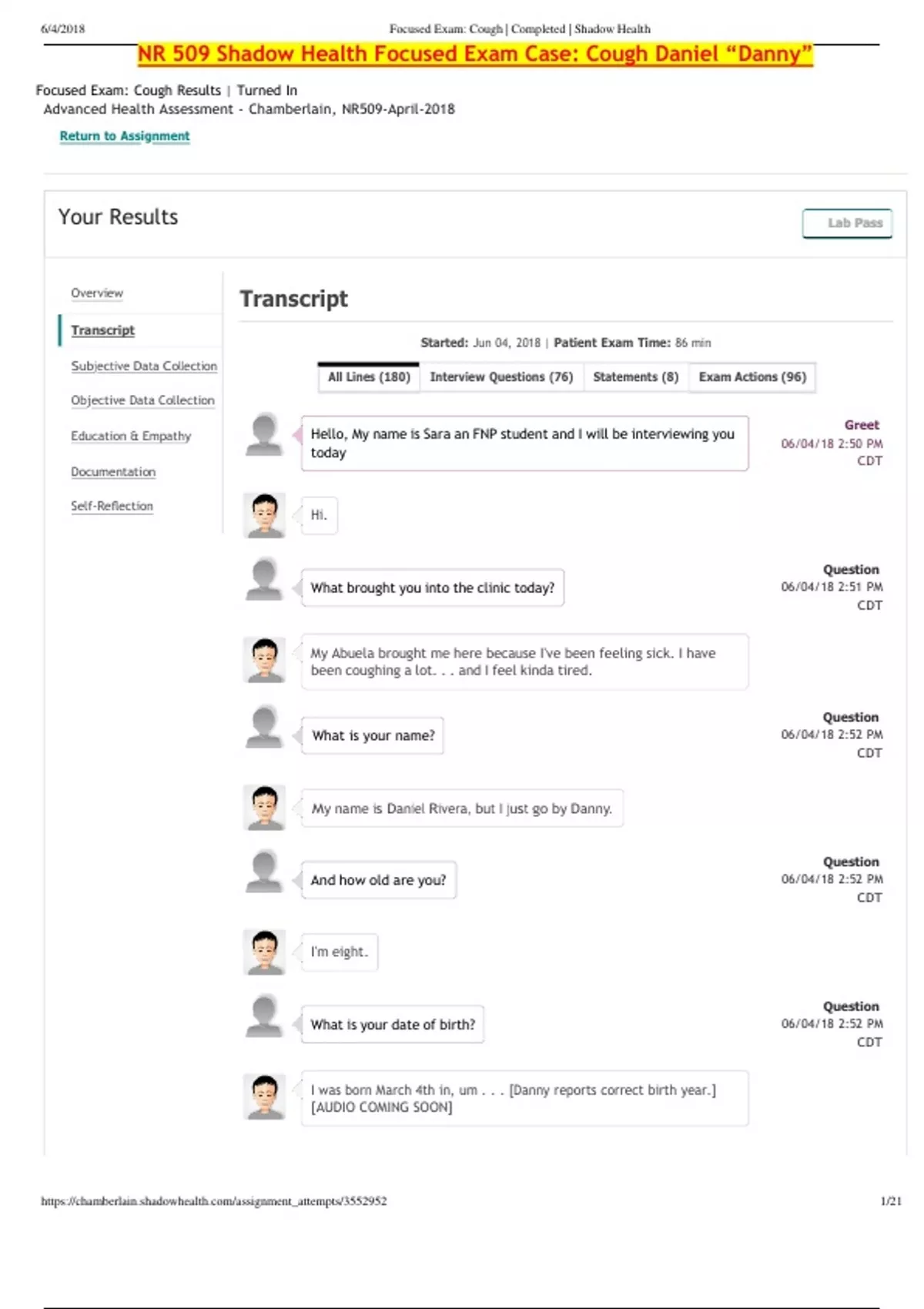 Focused Exam: Cough | Completed | Shadow Health https://chamberlain ...