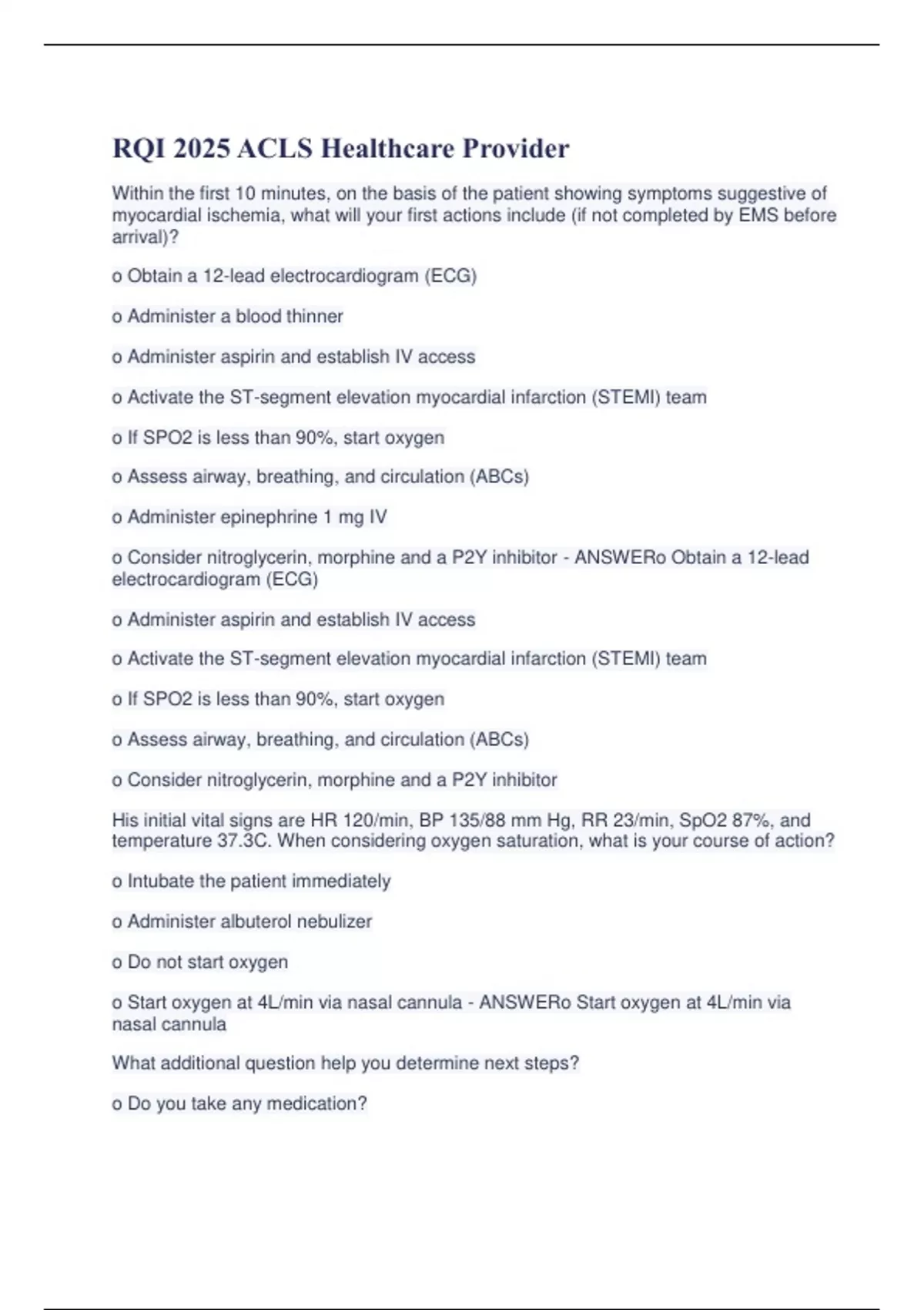 RQI 2025 ACLS Healthcare Provider - RQI 2025 ACLS - Stuvia US