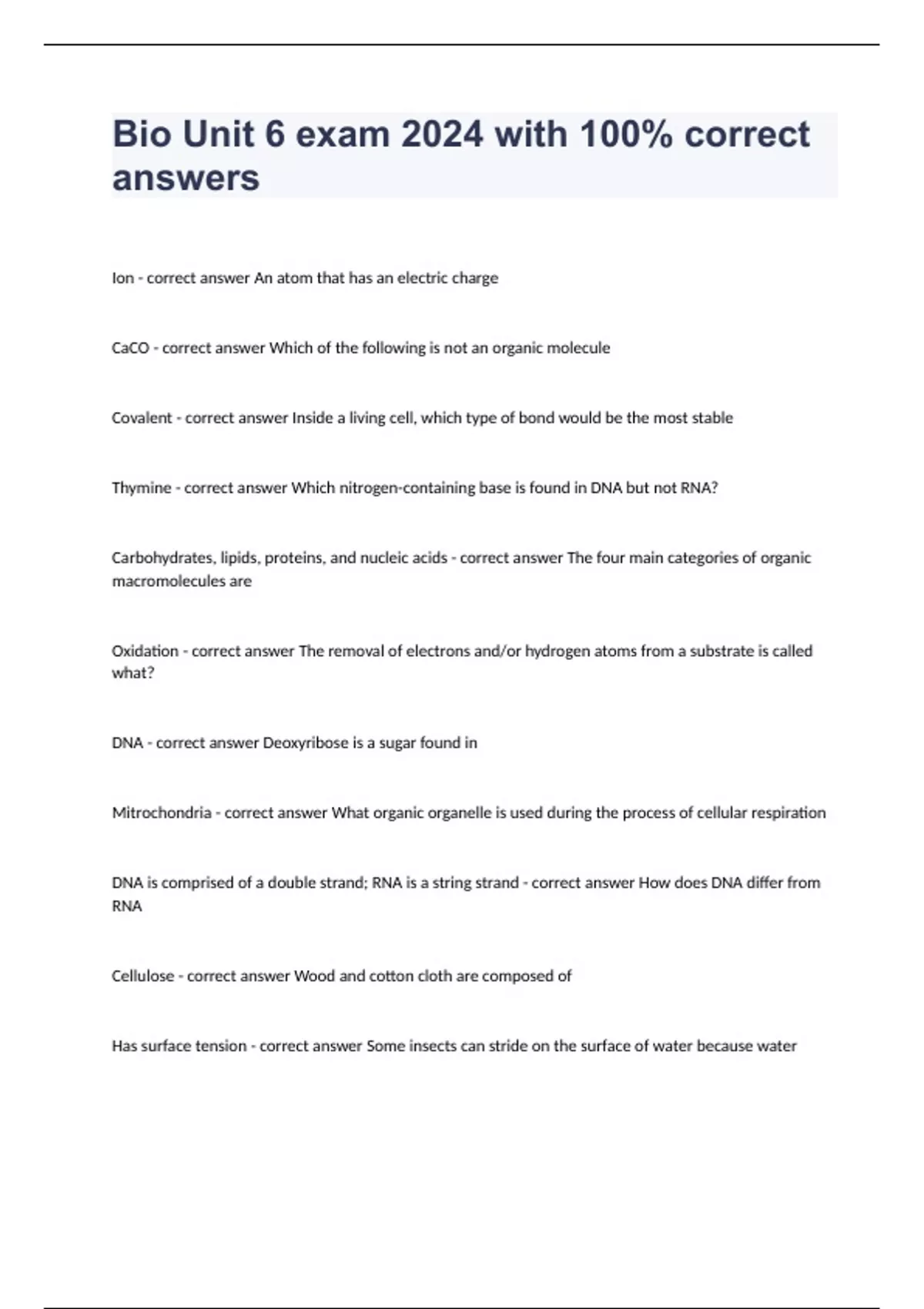 Bio Unit 6 exam 2024 with 100% correct answers - Bio Unit 6 - Stuvia US