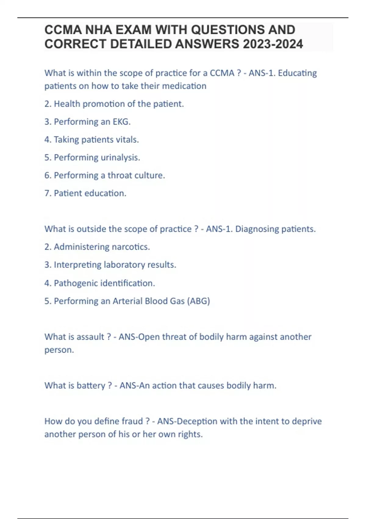CCMA NHA EXAM WITH QUESTIONS AND CORRECT DETAILED ANSWERS - CCMA NHA ...