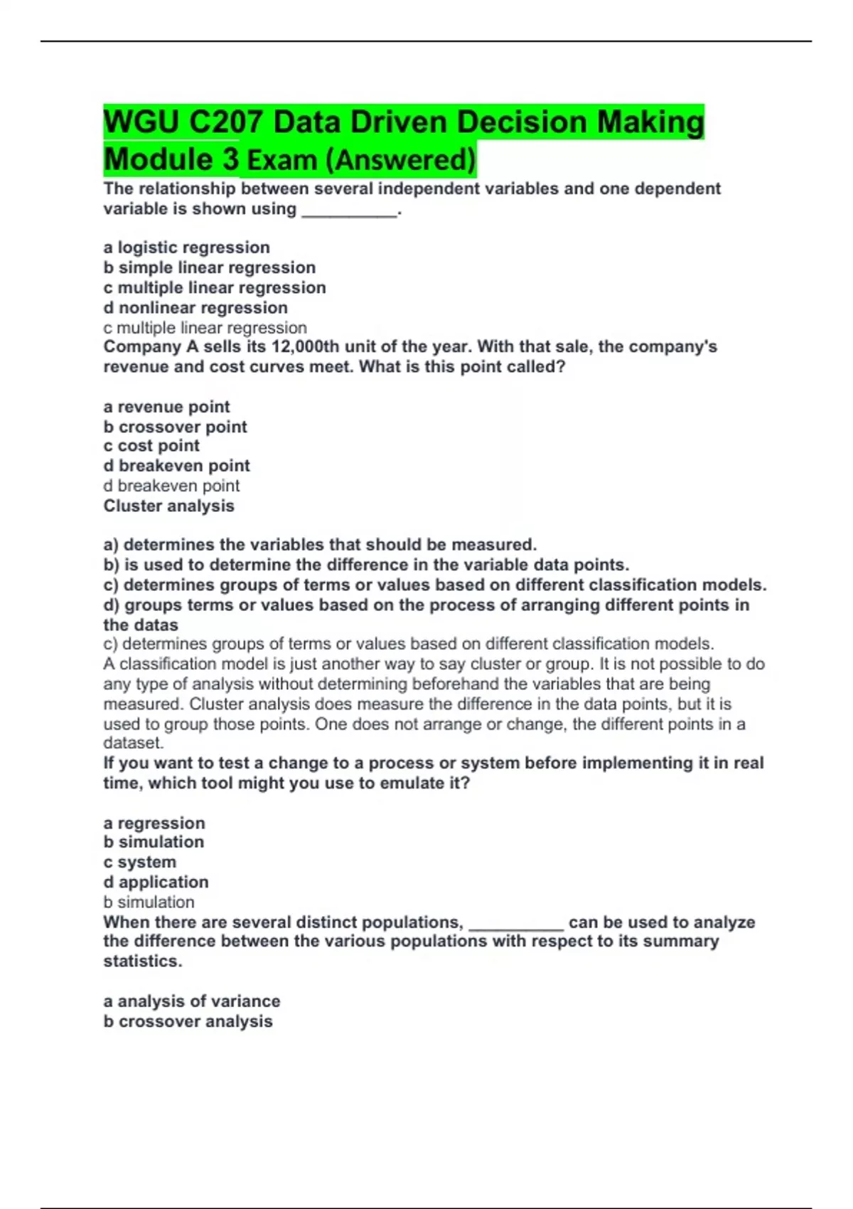 WGU C207 Data Driven Decision Making Module 3 Exam (Answered) - WGU ...