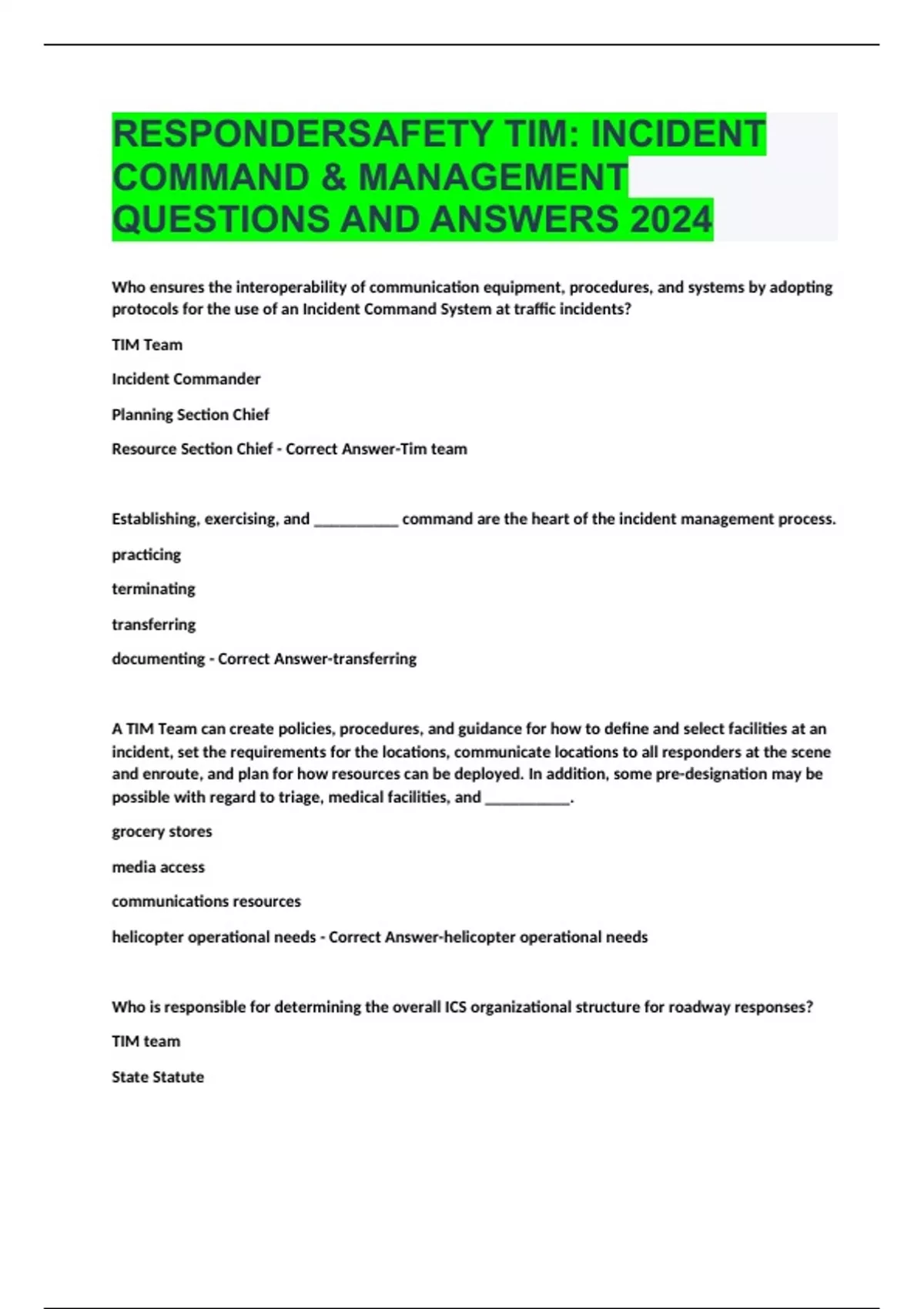 RESPONDERSAFETY TIM: INCIDENT COMMAND & MANAGEMENT QUESTIONS AND ...