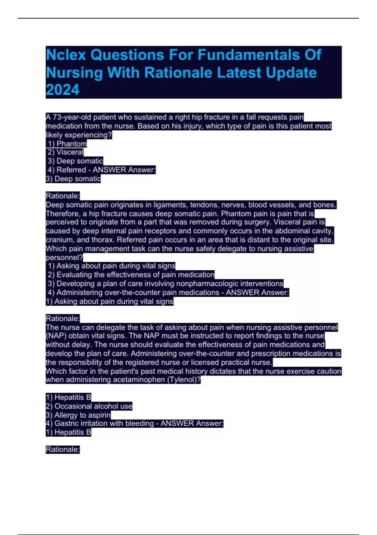 Nclex Questions For Fundamentals Of Nursing With Rationale Latest ...