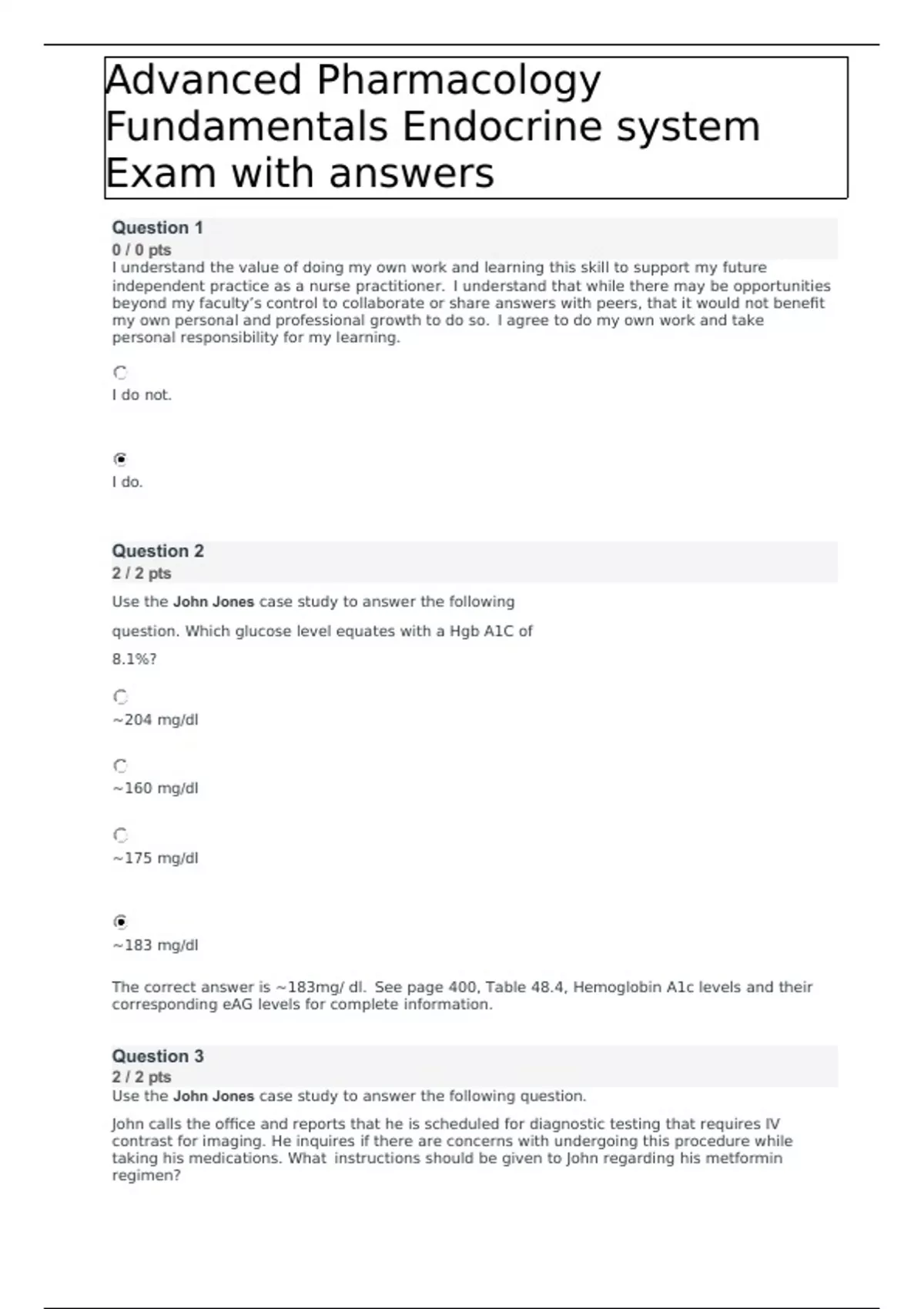 Advanced Pharmacology Fundamentals Endocrine system Exam with answers ...