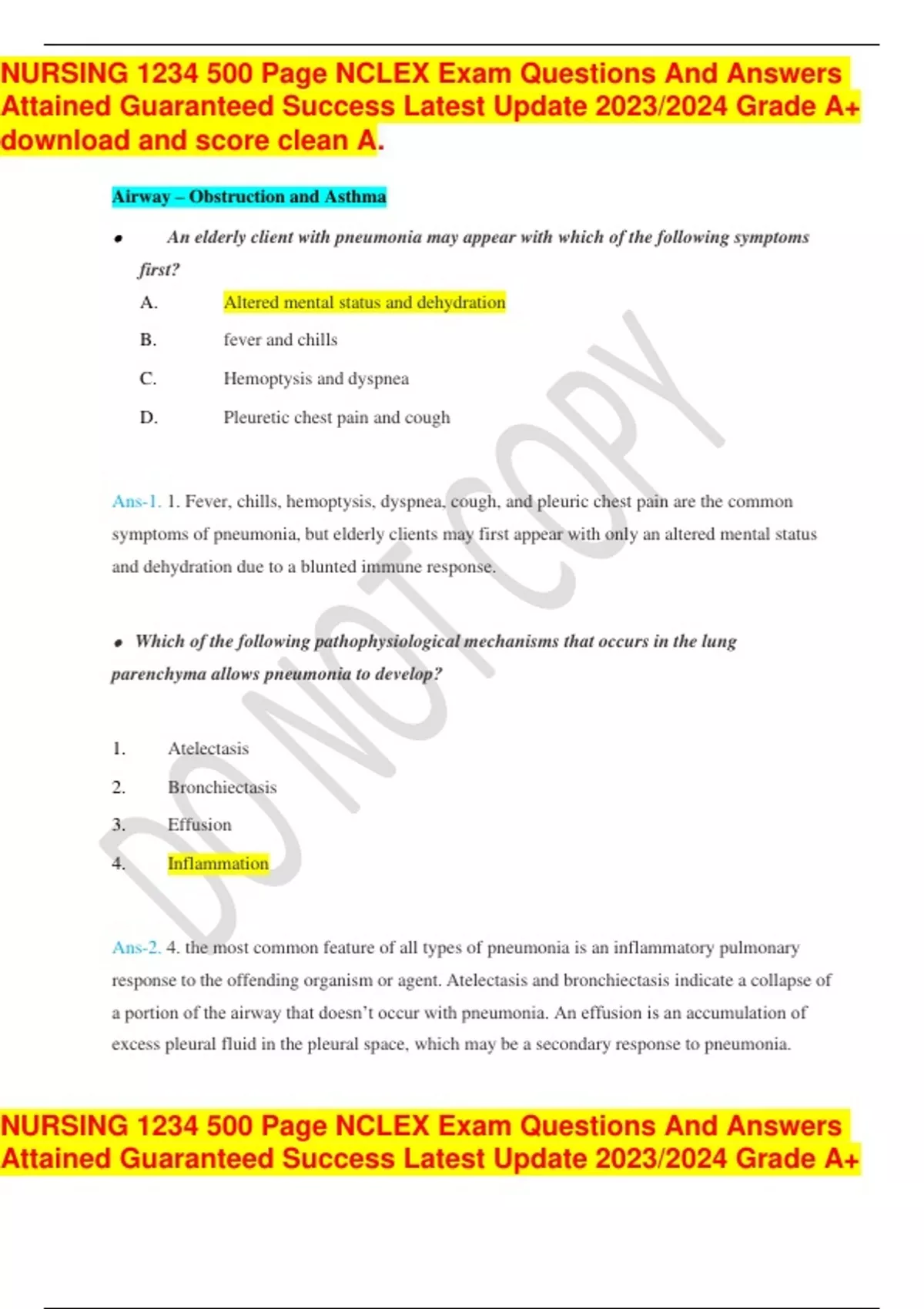 NURSING 1234 500 Page NCLEX Exam Questions And Answers Attained ...