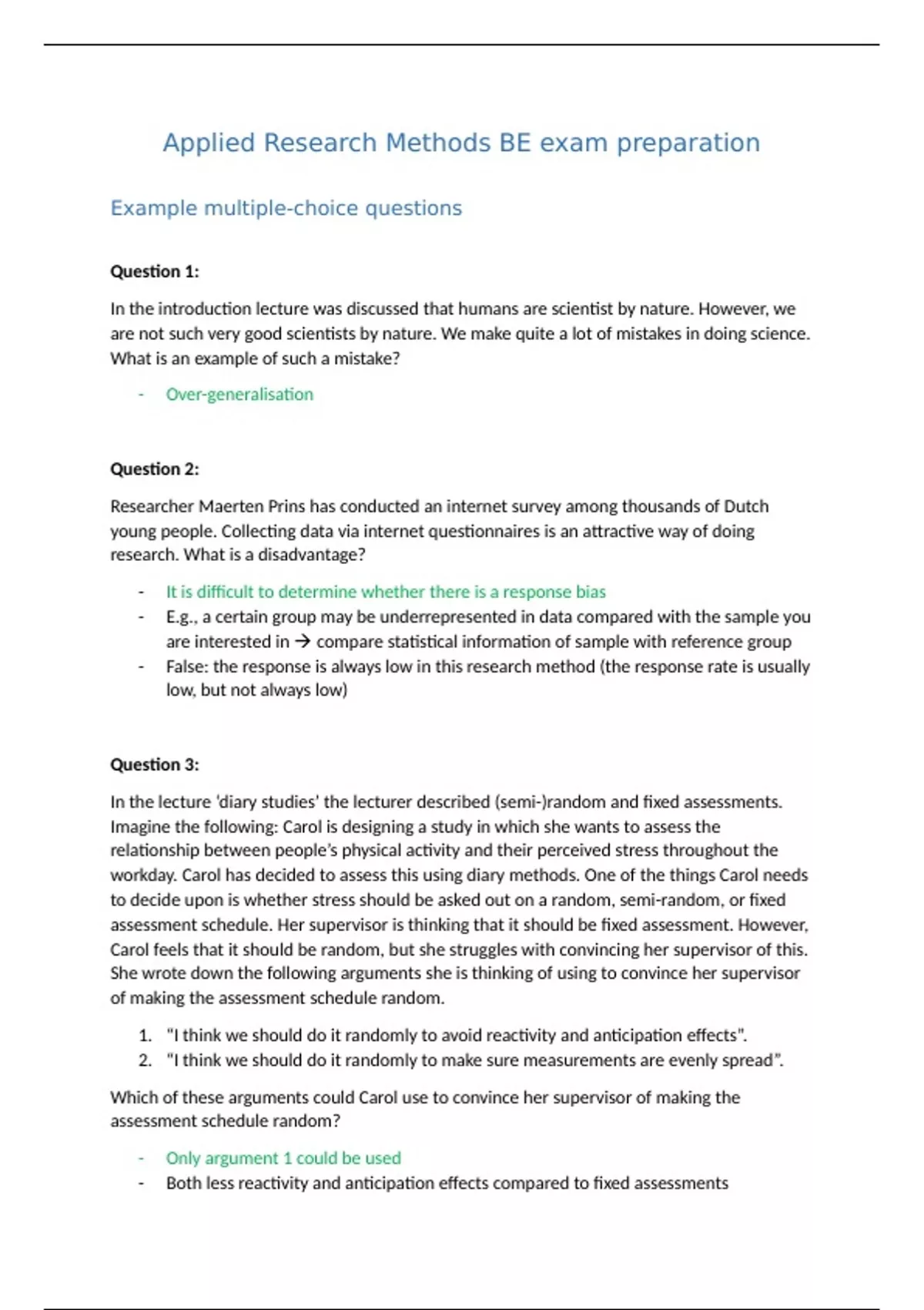 Example exam question Applied Research Methods BE - Applied Research Methods: Behaviour and ...
