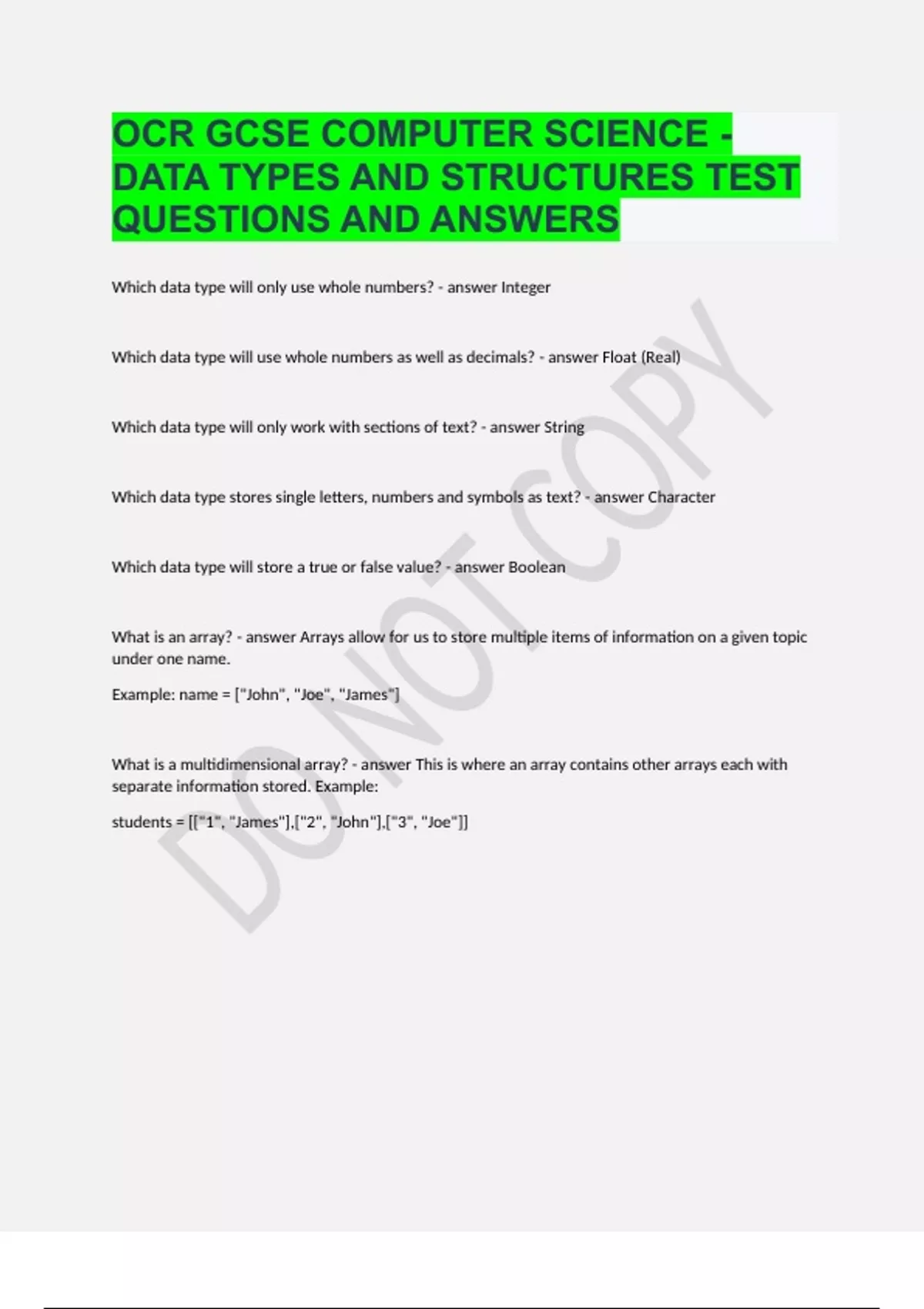 OCR GCSE COMPUTER SCIENCE DATA TYPES AND STRUCTURES TEST QUESTIONS OCR GCSE COMPUTER SCIENCE DATA TYPES AND STRUCTURES TEST QUESTIONS