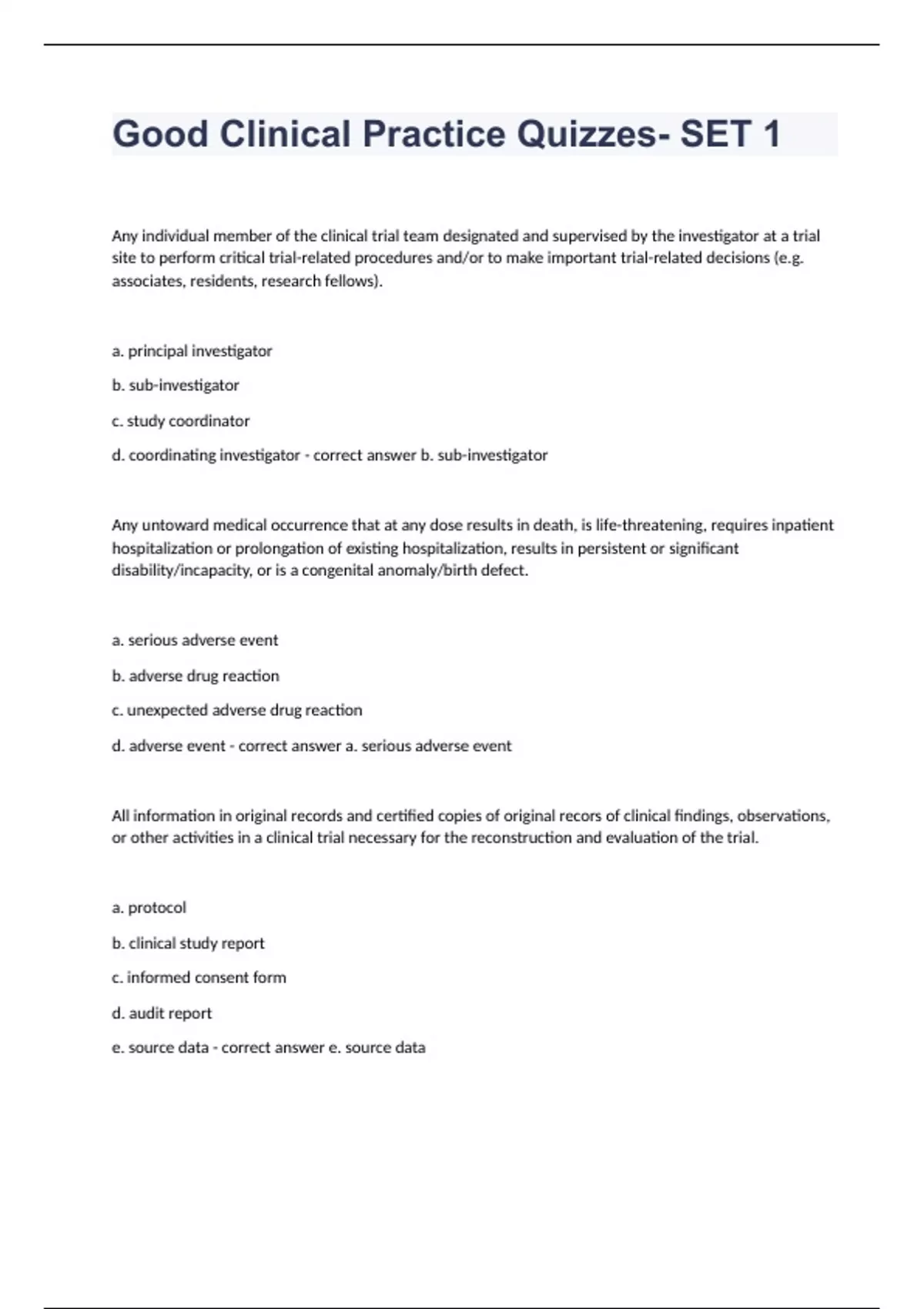 Good Clinical Practice Quizzes- SET 1 Question and answers 100% correct ...