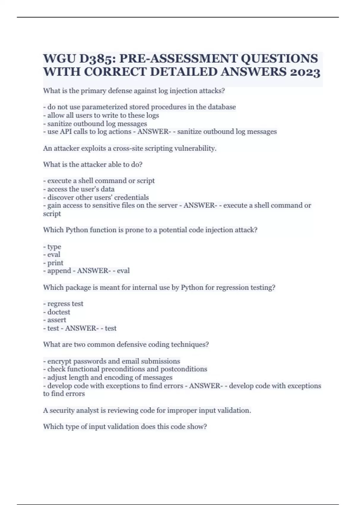 WGU D385: PRE-ASSESSMENT QUESTIONS WITH CORRECT DETAILED ANSWERS 2023 ...