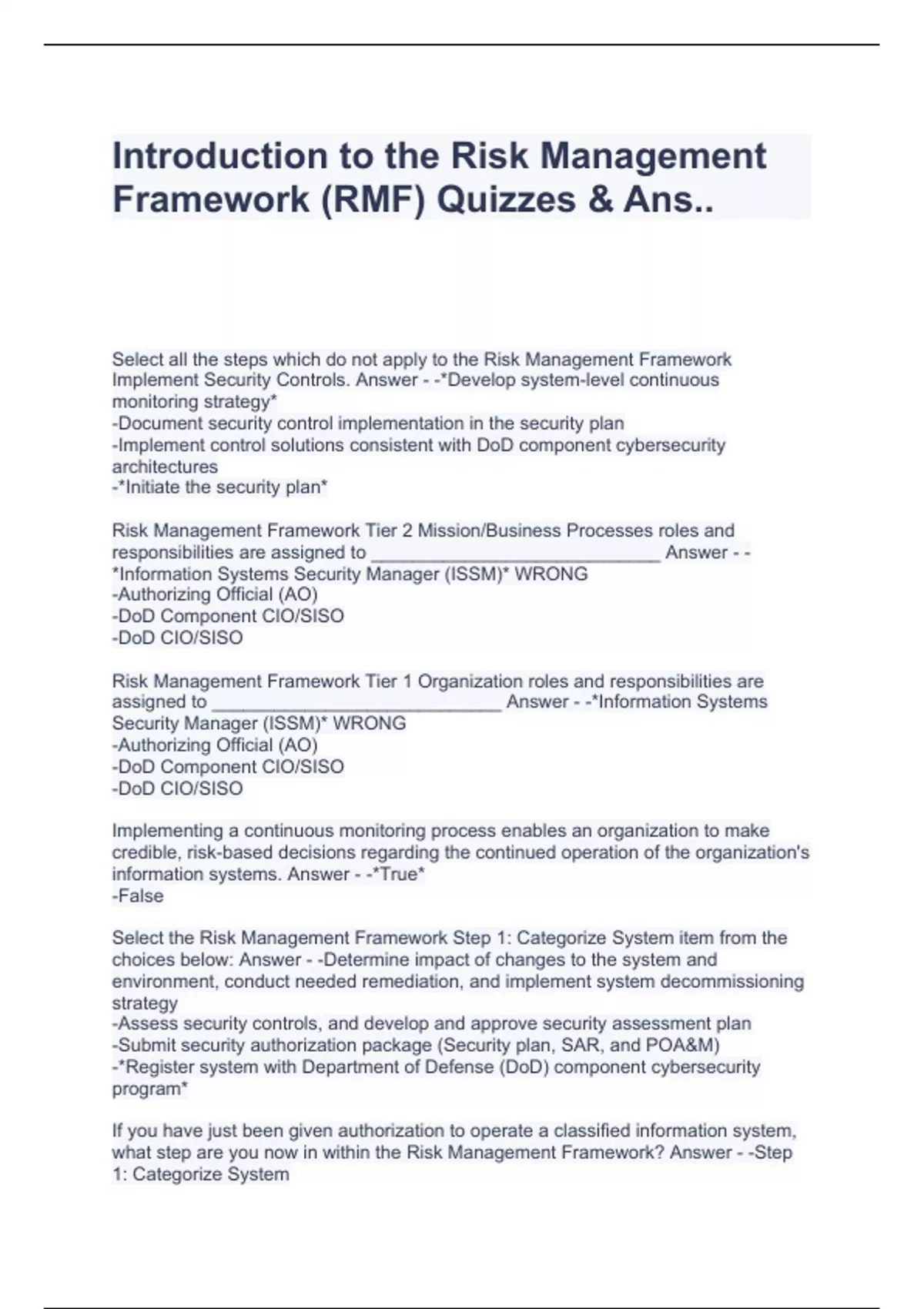 Introduction To The Risk Management Framework Rmf Quizzes And Ans Rmf Stuvia Us