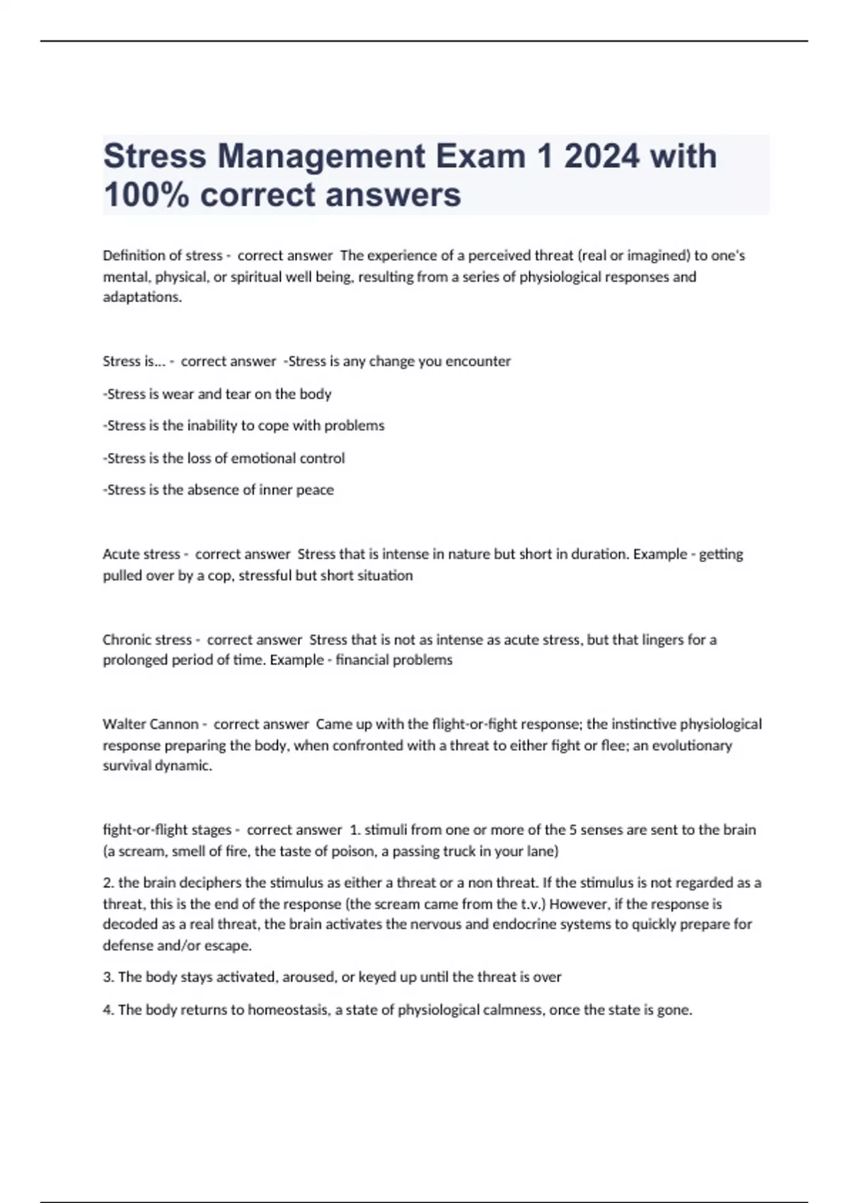 Stress Management Exam 1 2024 with 100% correct answers - Stress ...