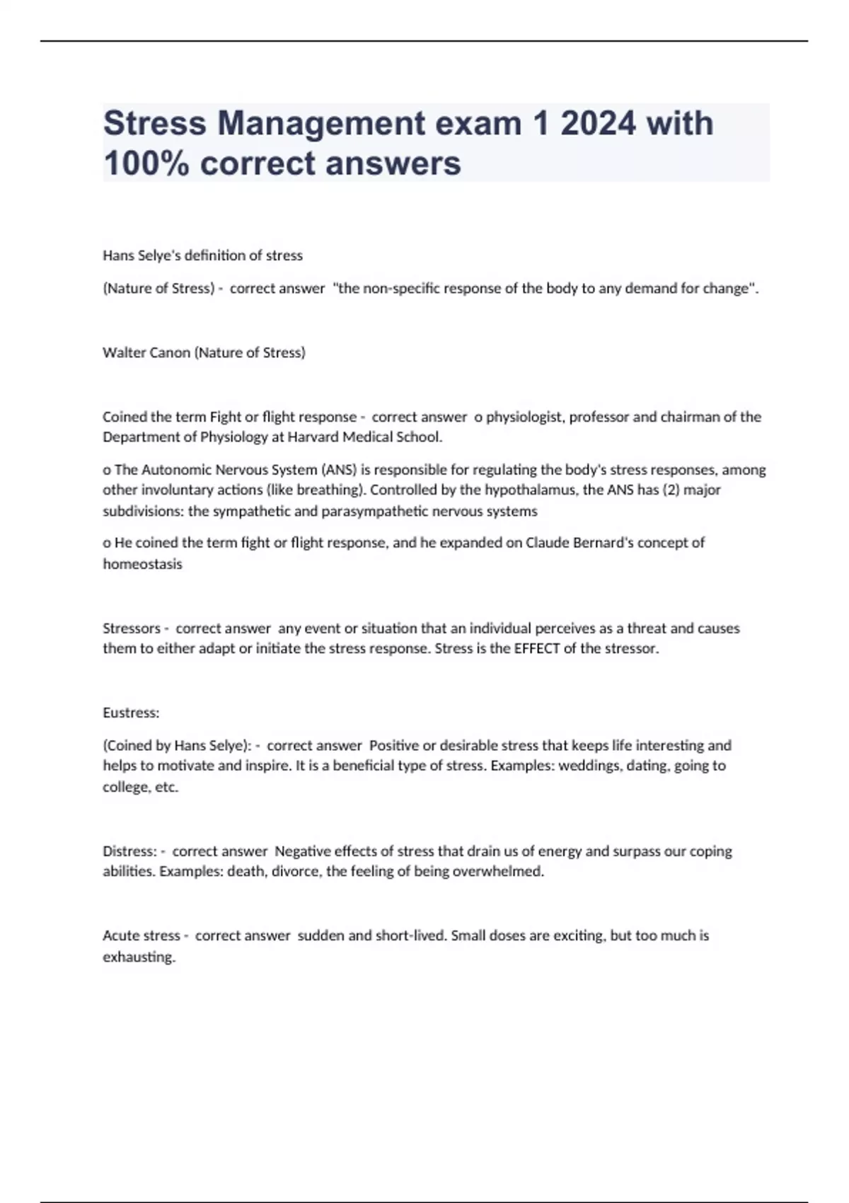 Stress Management exam 1 2024 with 100% correct answers - Stress ...