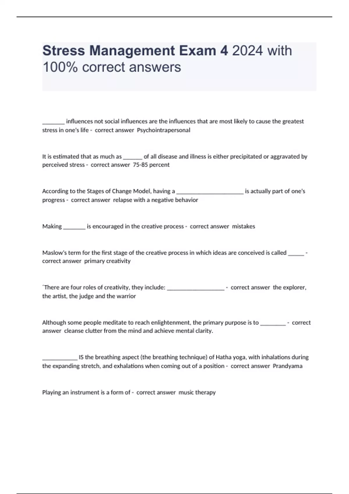 Stress Management Exam 4 2024 with 100% correct answers - Stress ...