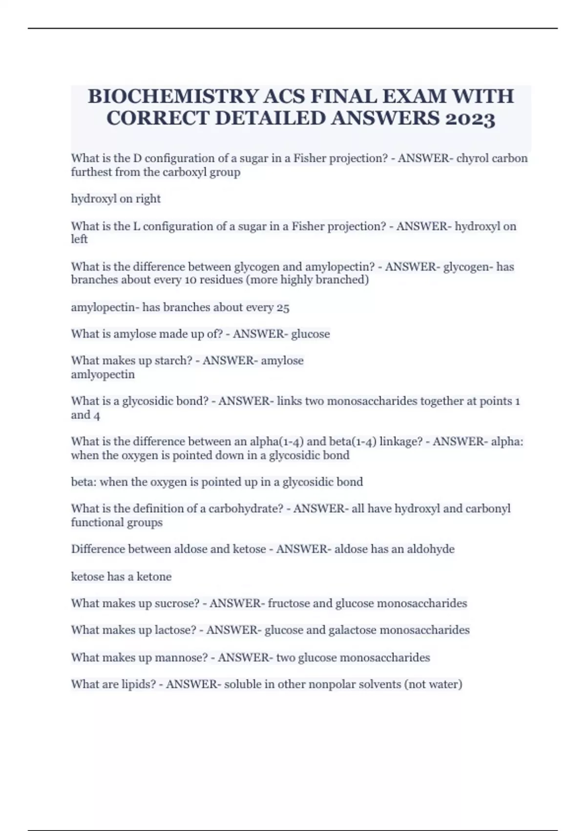 BIOCHEMISTRY ACS FINAL EXAM WITH CORRECT DETAILED ANSWERS 2023 - ACS ...