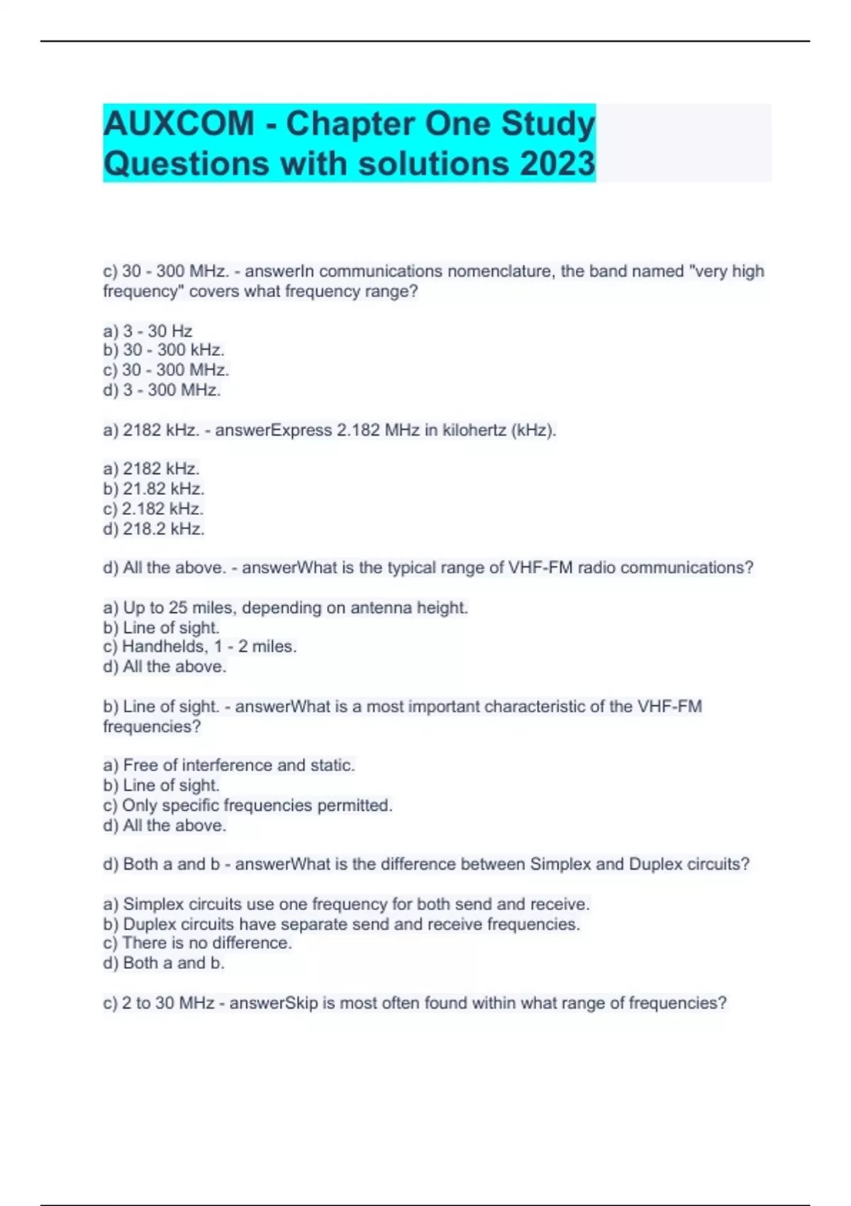AUXCOM - Chapter One Study Questions with solutions 2023 - IMSEP - Stuvia US