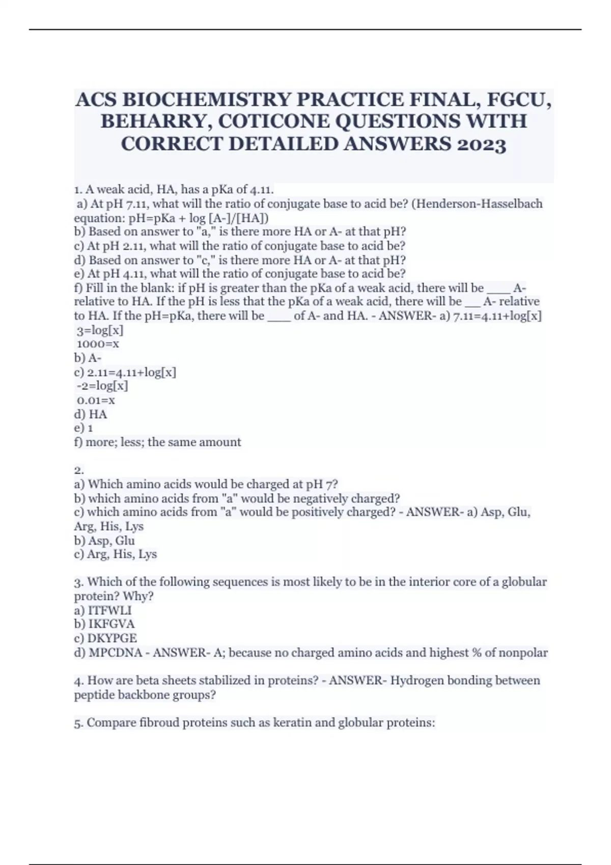 ACS BIOCHEMISTRY PRACTICE FINAL, FGCU, BEHARRY, COTICONE QUESTIONS WITH ...
