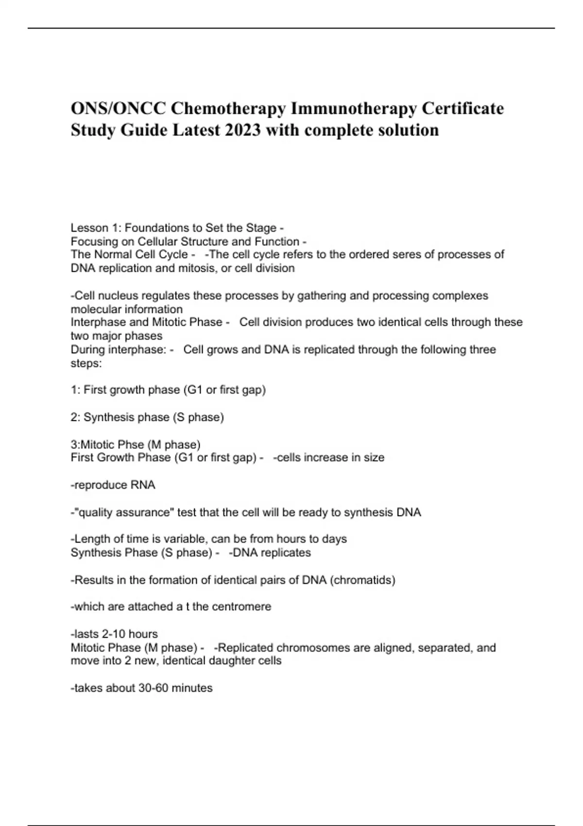 ONS/ONCC Chemotherapy Immunotherapy Certificate Study Guide Latest 2023 ...