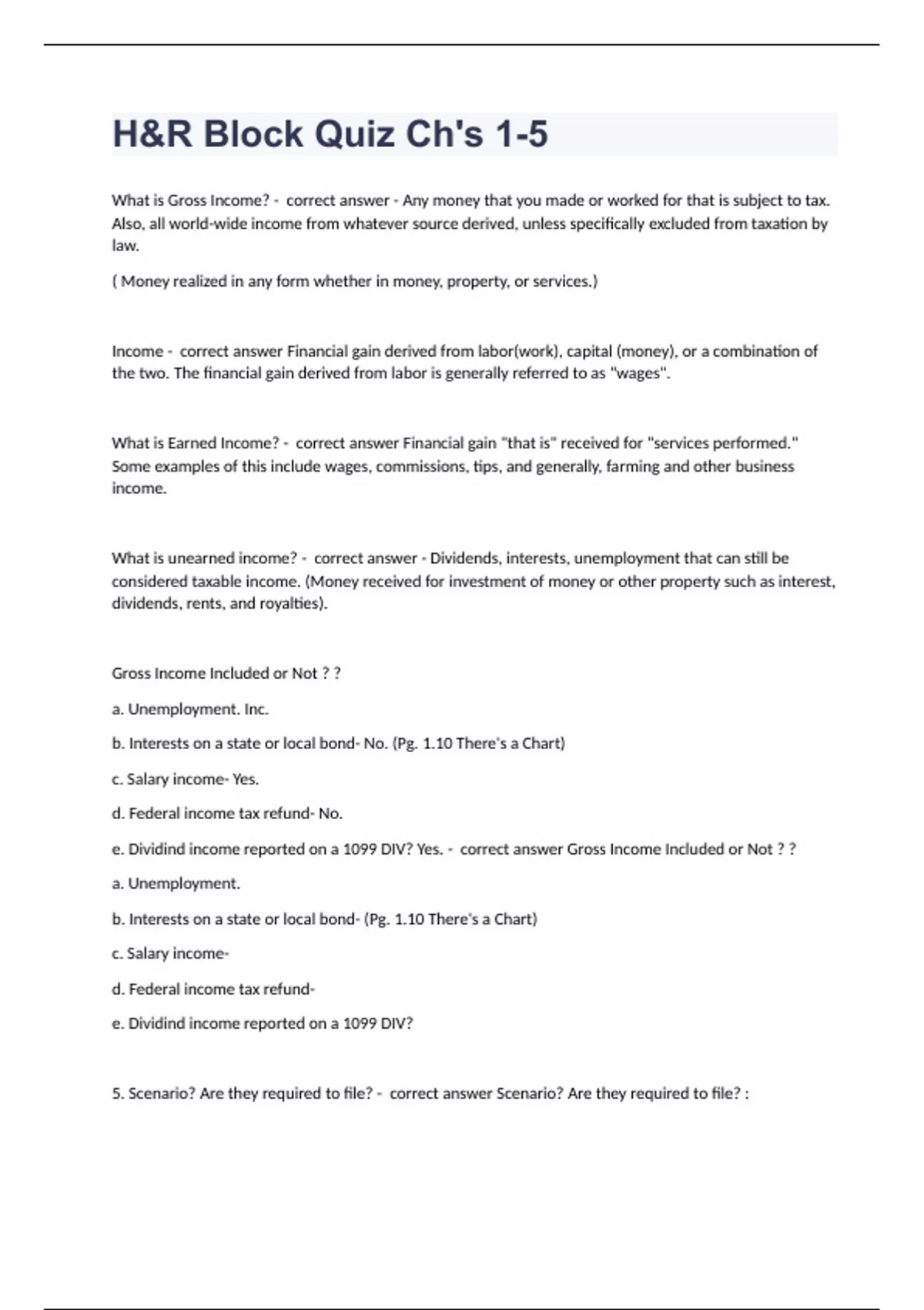 H&R Block Quiz Ch's 1-5 Question and answers 100% correct 2023/2024 ...