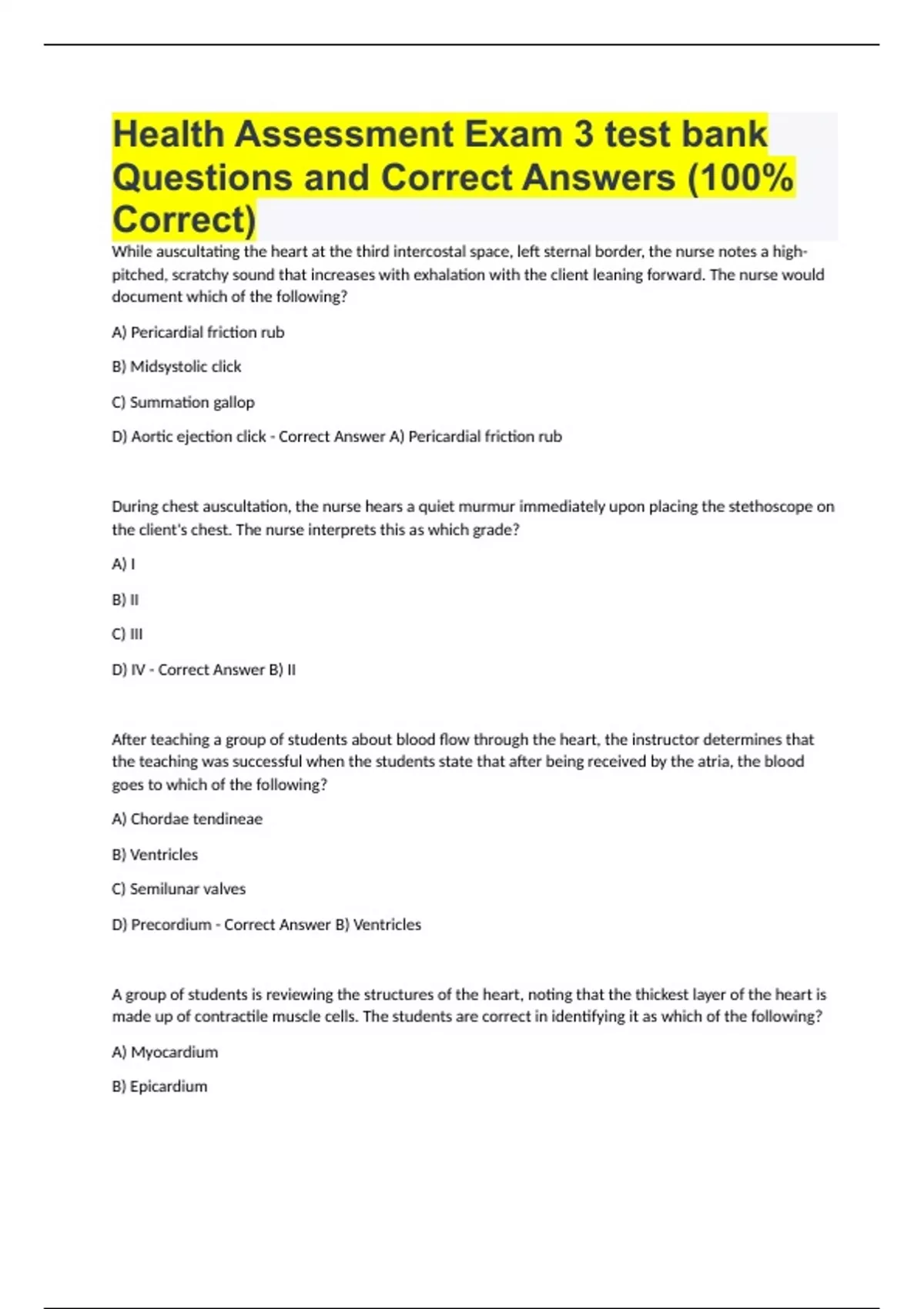 Health Assessment Exam 3 test bank Questions and Correct Answers (100% ...