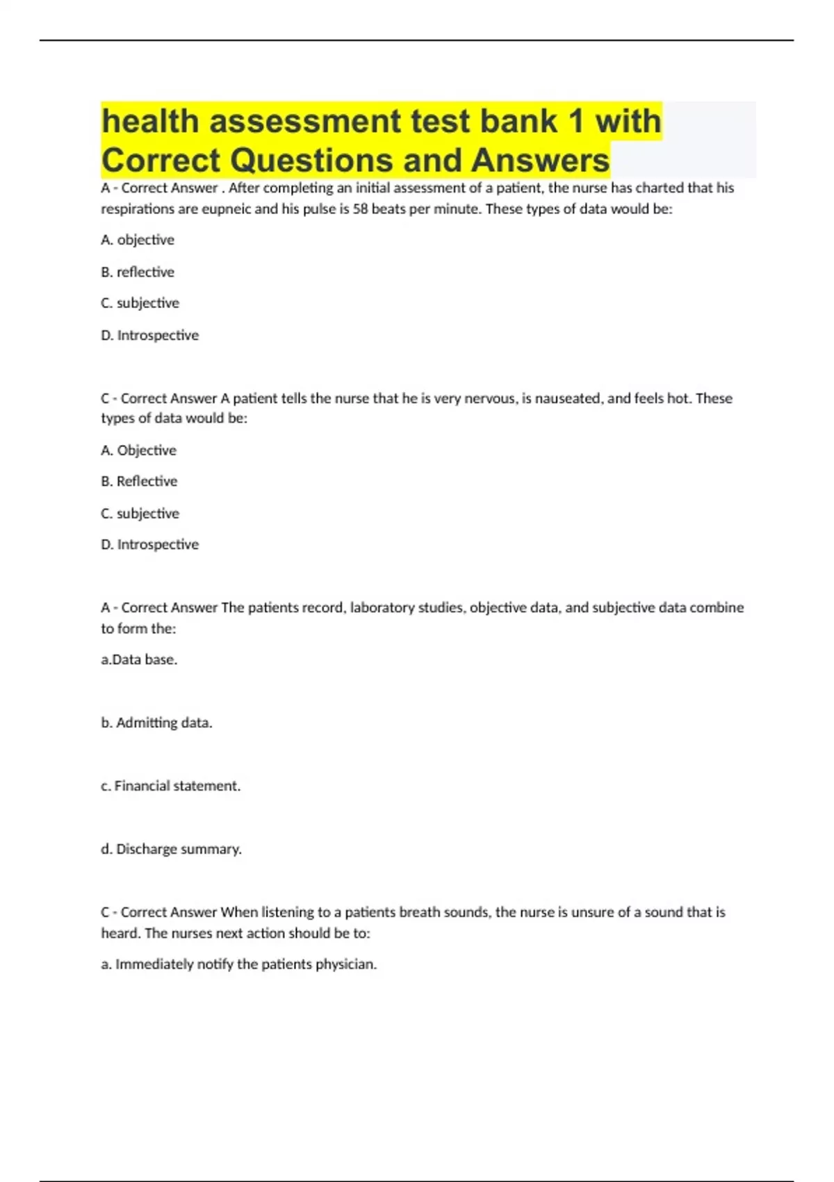 health assessment test bank 1 with Correct Questions and Answers ...