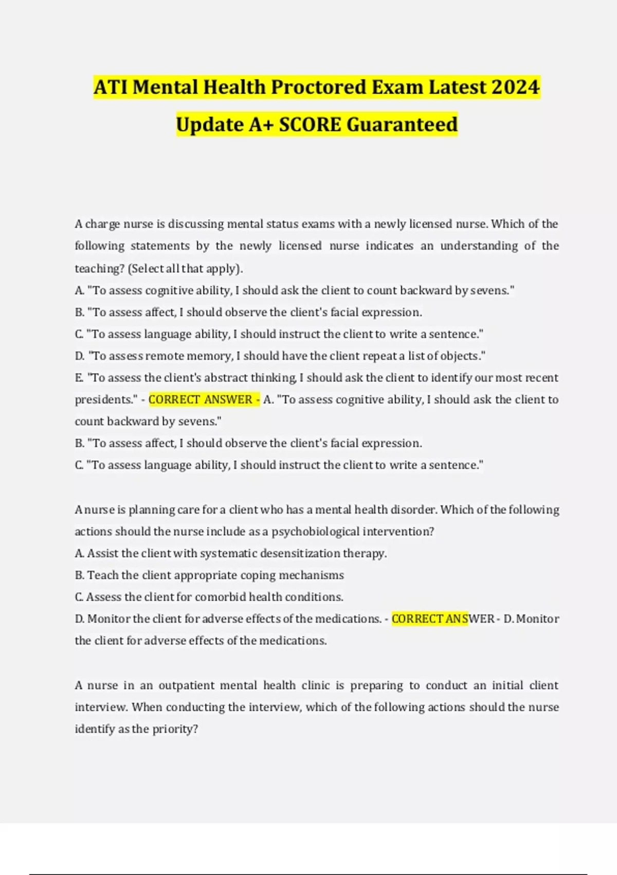ATI Mental Health Proctored Exam Latest 2024 Update A+ SCORE Guaranteed ...
