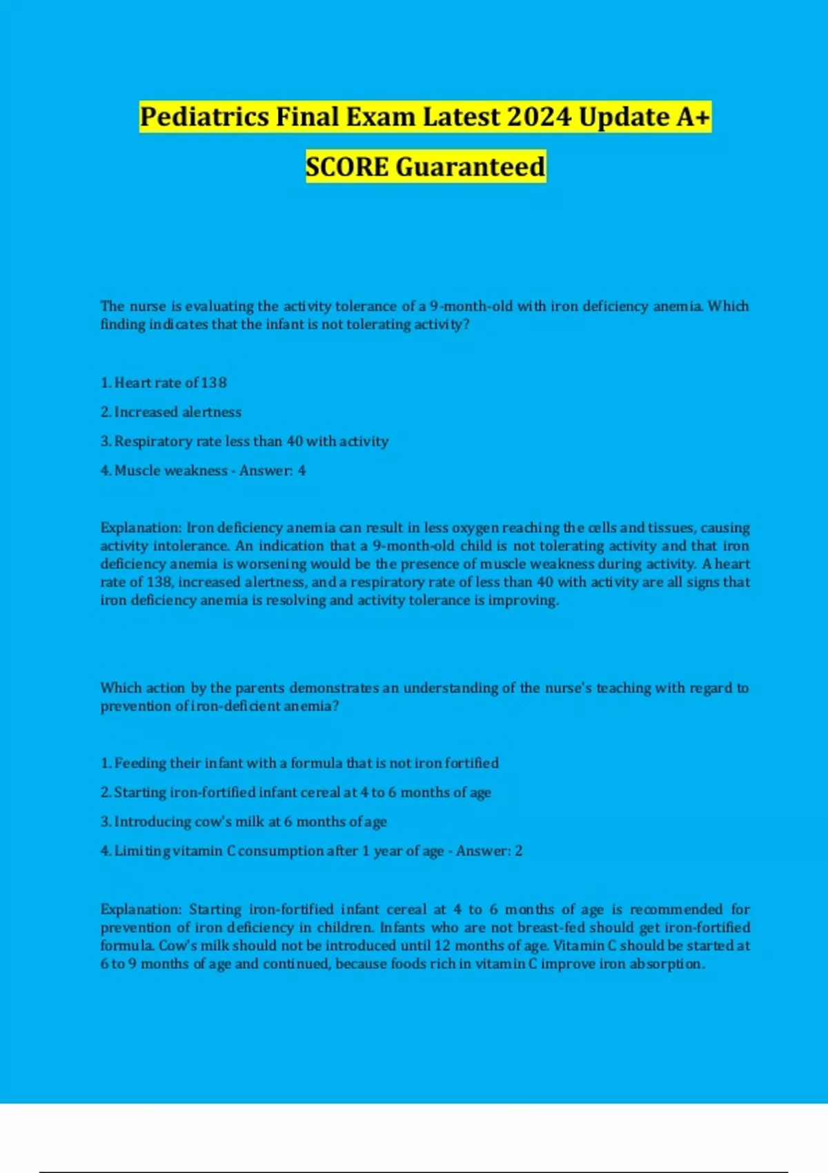 Pediatrics Final Exam Latest 2024 Update A Score Guaranteed With