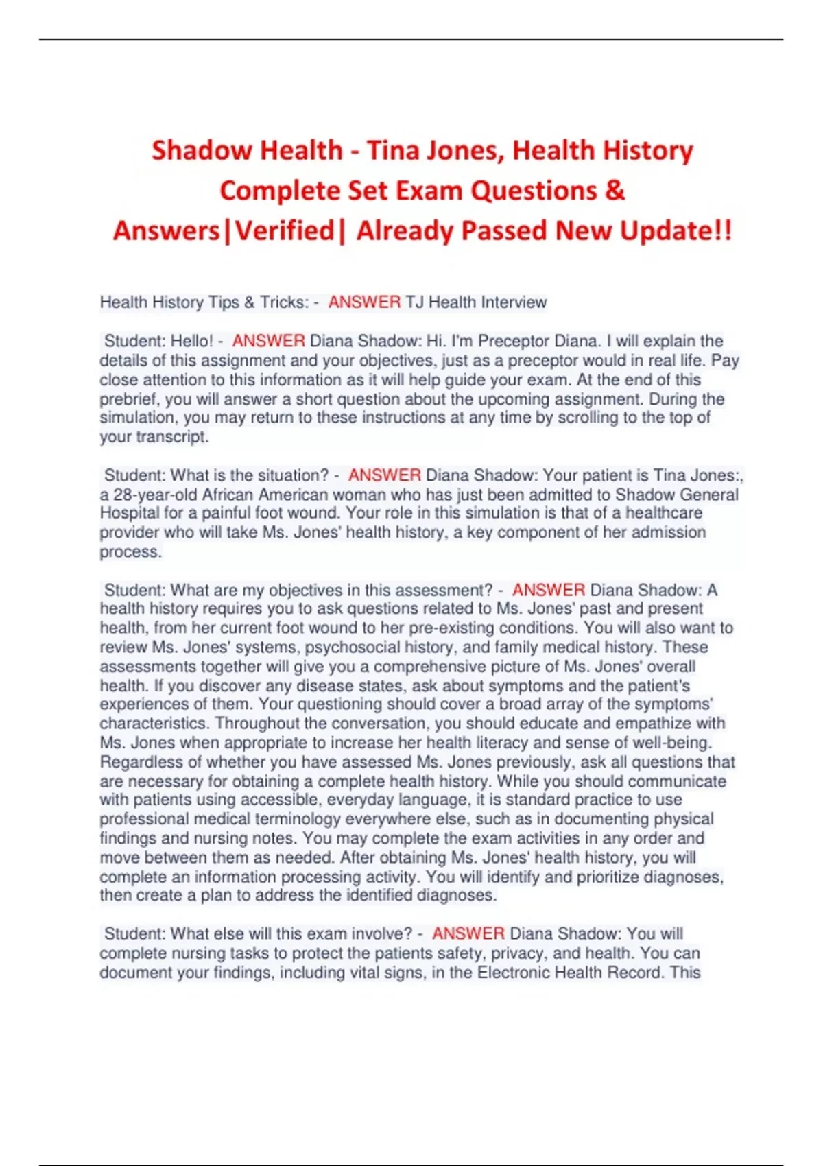 Shadow Health - Tina Jones, Health History Complete Set Exam Questions ...