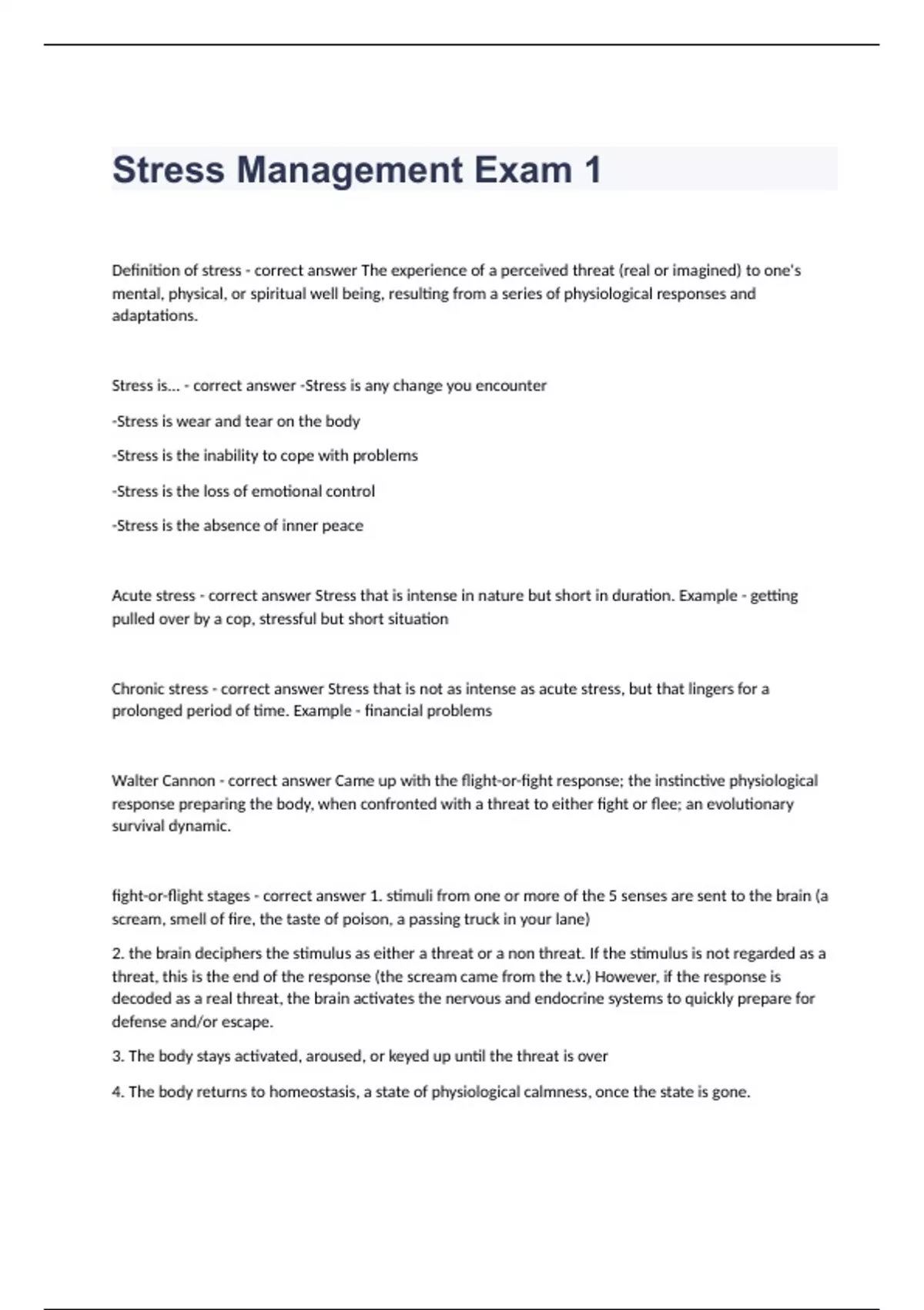 Stress Management Exam 1 questions and 100% correct answers 2024 ...